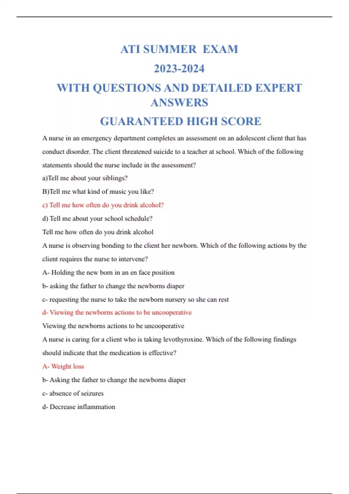 ATI SUMMER EXAM WITH QUESTIONS AND DETAILED EXPERT ANSWERS GUARANTEED ...