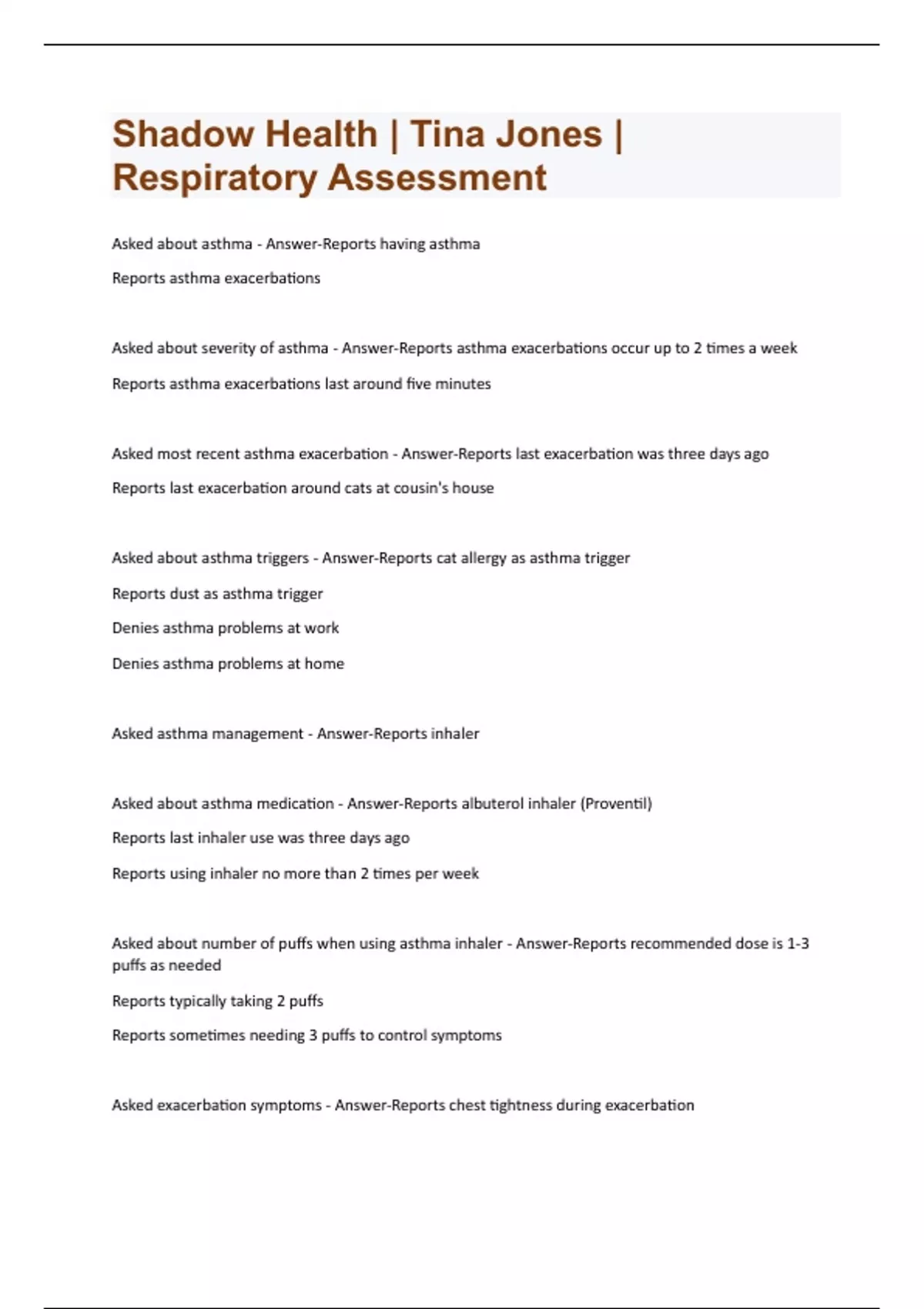 Shadow Health | Tina Jones | Respiratory Assessment Questions And ...