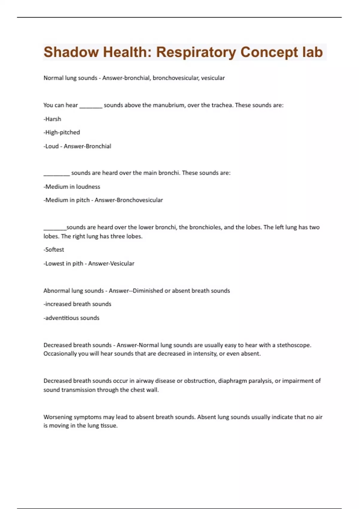 Shadow Health: Respiratory Concept lab Questions And Answers Rated A+ ...