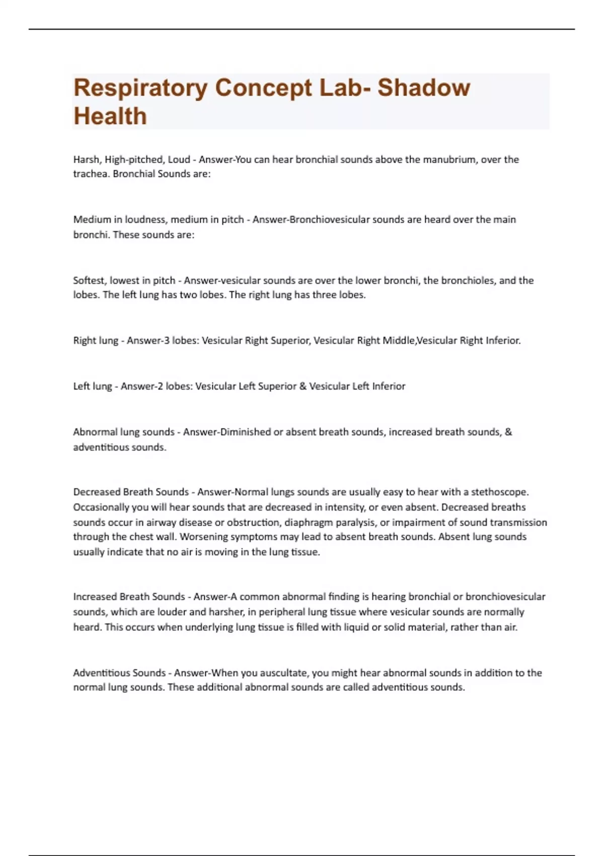 Respiratory Concept Lab- Shadow Health Questions And Answers With ...