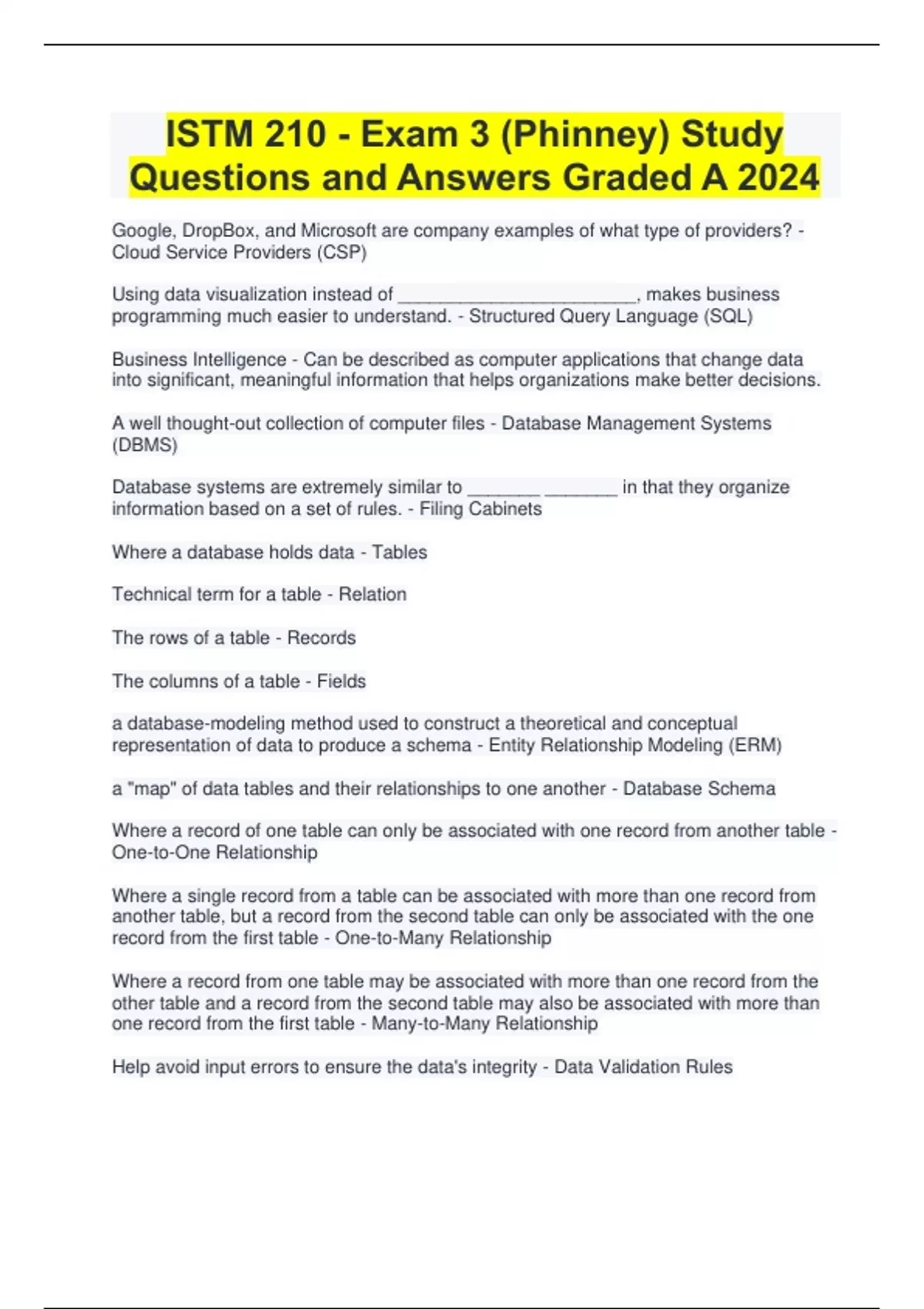 ISTM 210 - Exam 3 (Phinney) Study Questions and Answers Graded A 2024 ...