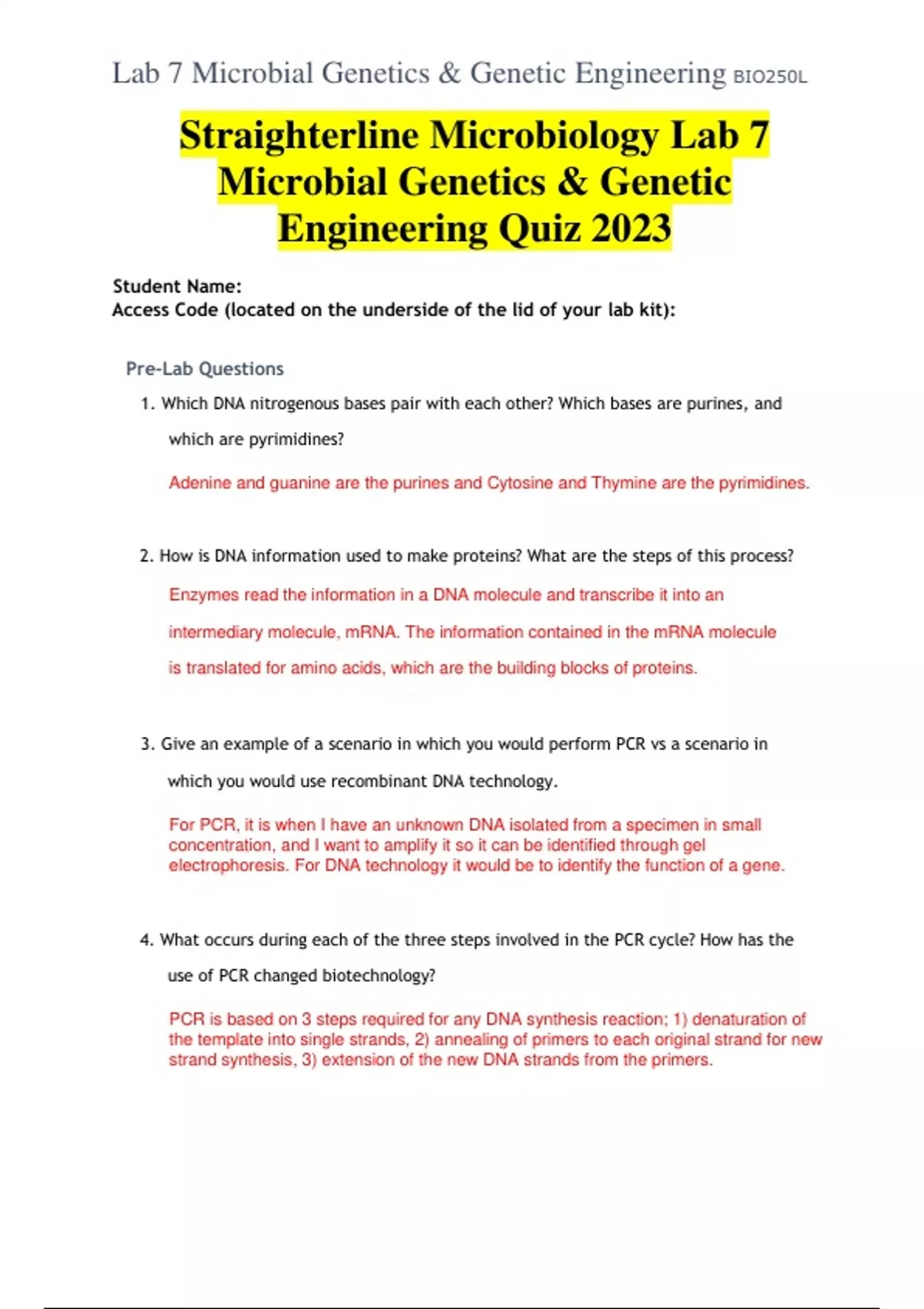 Straighterline Microbiology Lab 7 Microbial Genetics & Genetic ...