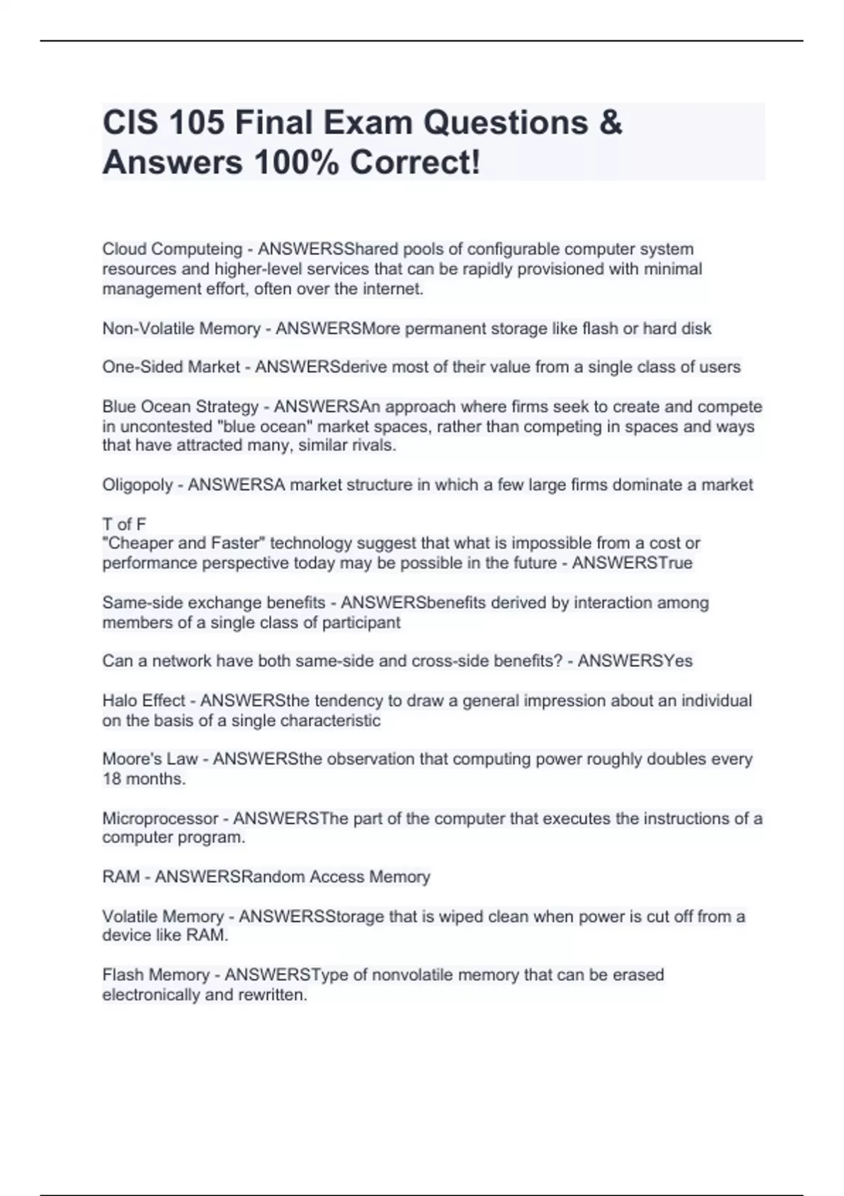 CIS 105 Final Exam Questions & Answers 100% Correct! - CIS 105 - Stuvia US