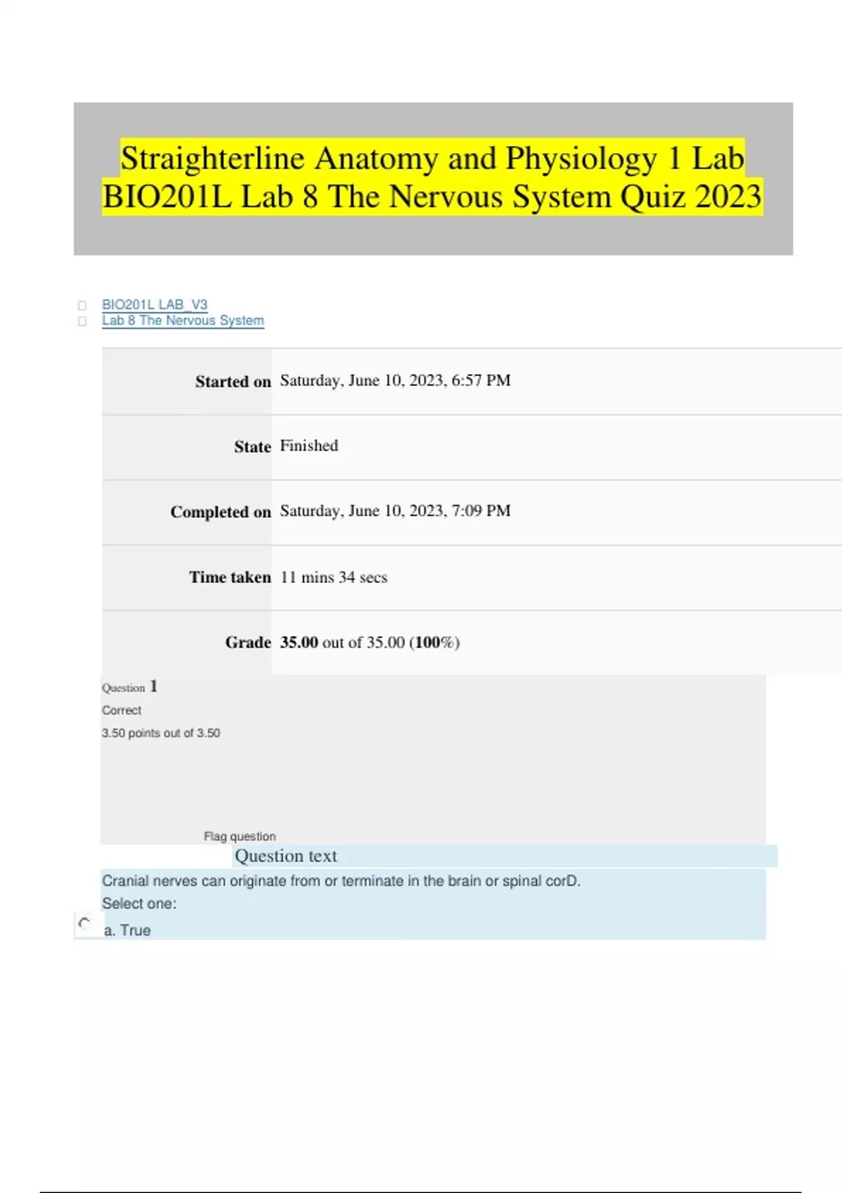 Straighterline Anatomy and Physiology 1 Lab BIO201L Lab 8 The Nervous ...