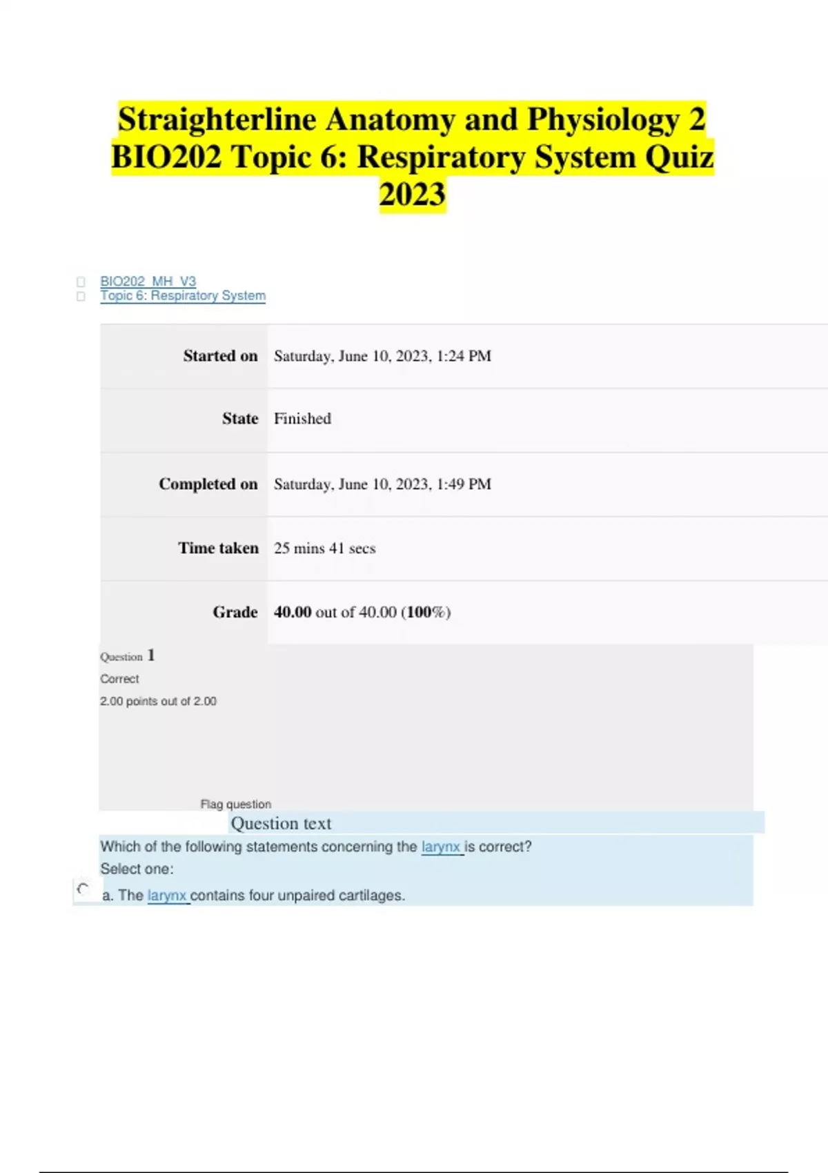 Straighterline Anatomy and Physiology 2 BIO202 Topic 6: Respiratory ...