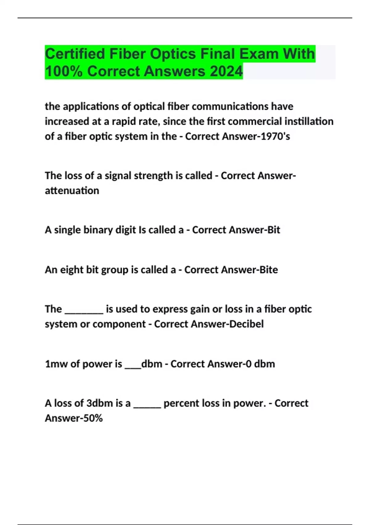 Certified Fiber Optics Final Exam With 100% Correct Answers 2024 ...