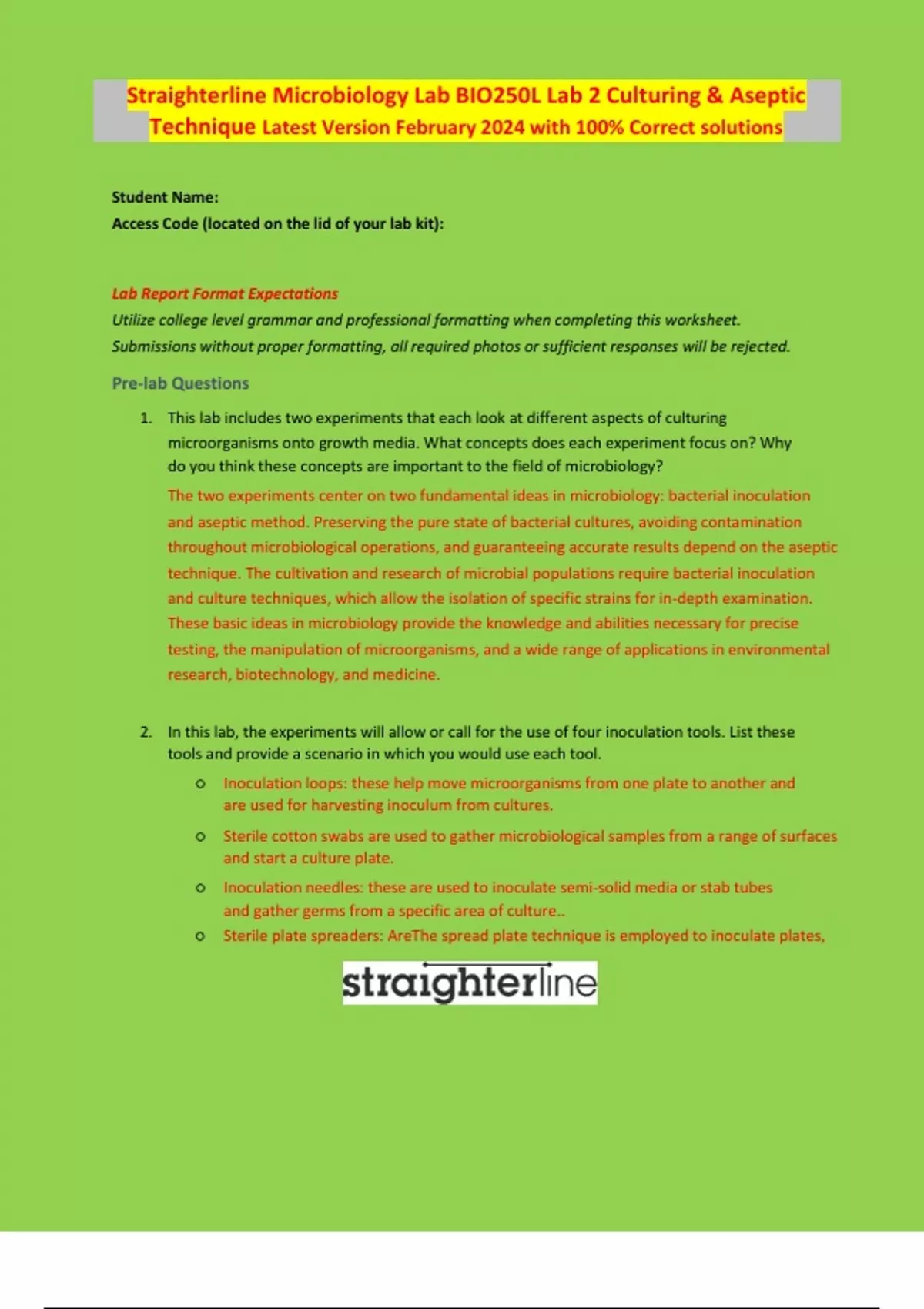 Straighterline Microbiology Lab BIO250L Lab 2 Culturing & Aseptic ...