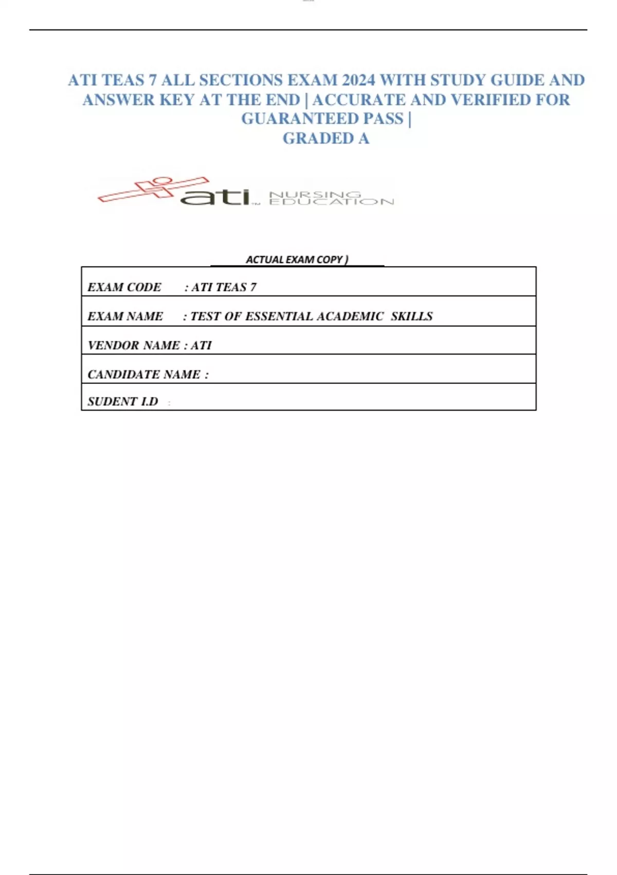 ATI TEAS 7 ALL SECTIONS EXAM 2024 WITH STUDY GUIDE AND ANSWER KEY AT ...