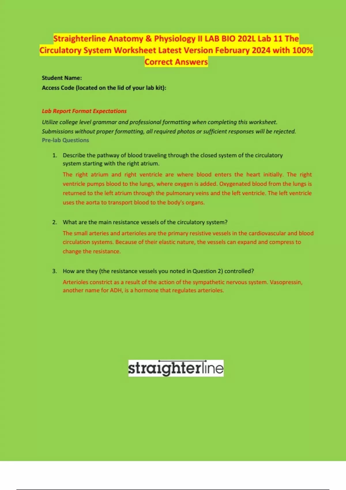 Straighterline Anatomy & Physiology II LAB BIO 202L Lab 11 The ...