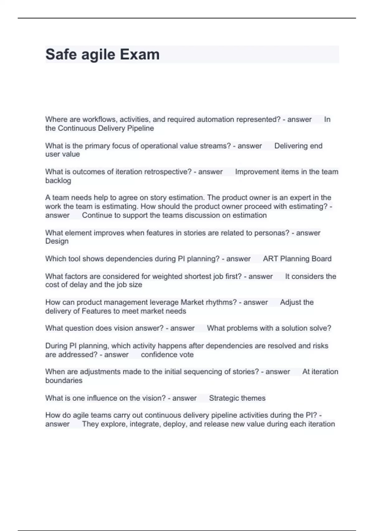 Safe agile Exam Questions with correct Answers 2024 - Safe Agile - Stuvia US