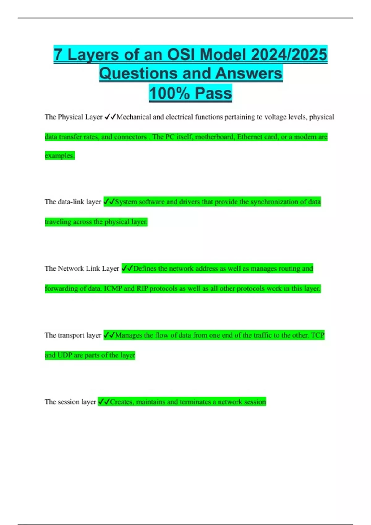 7 Layers of an OSI Model 2024/2025 Questions and Answers 100% Pass ...