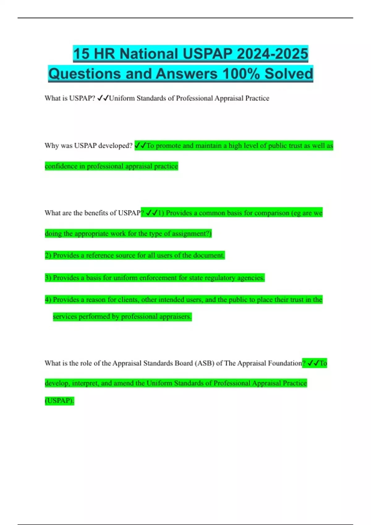 15 HR National USPAP Questions and Answers 100% Solved - 15 HR National ...