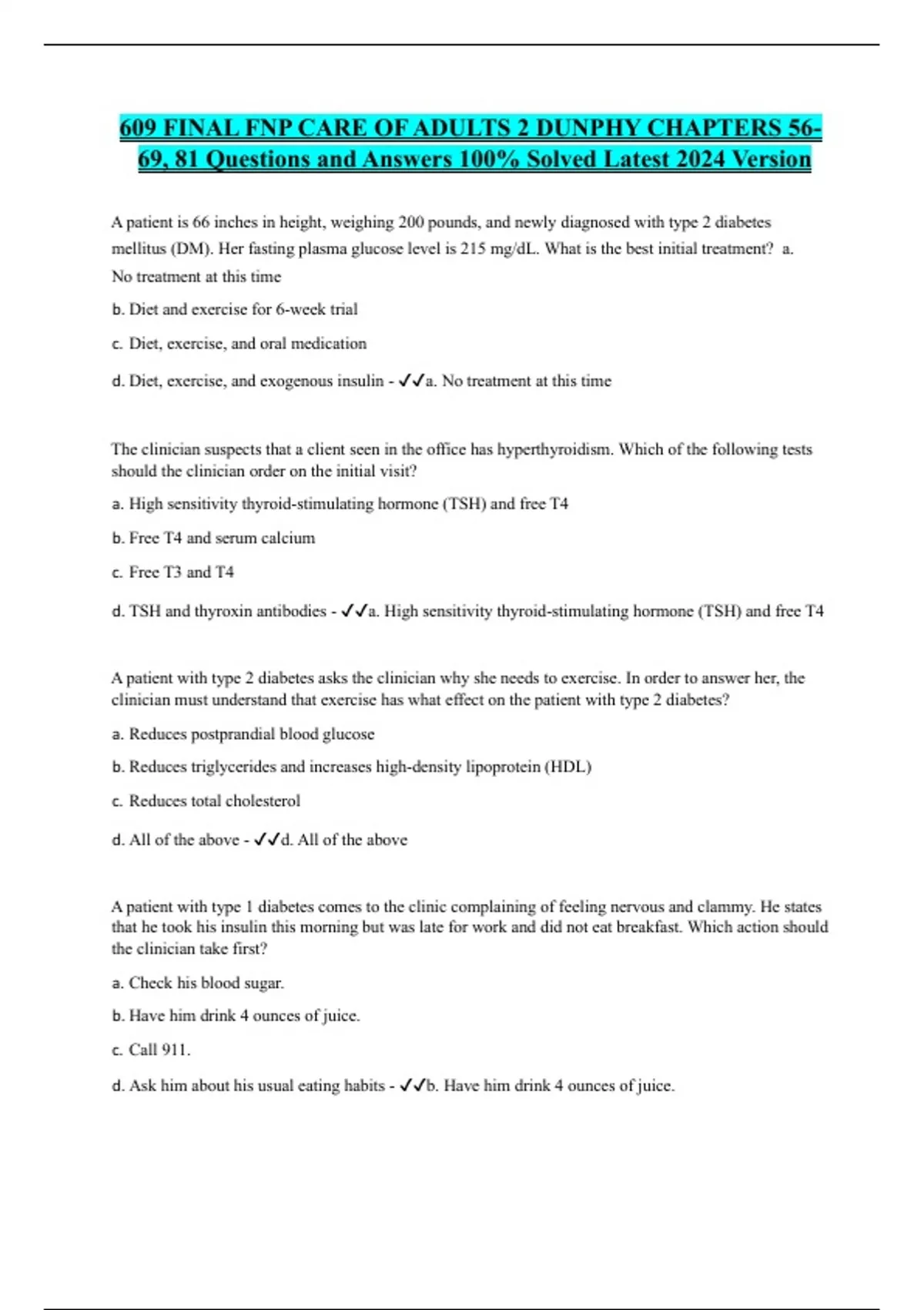 609 FINAL FNP CARE OF ADULTS 2 DUNPHY CHAPTERS 56- 69, 81 Questions and ...