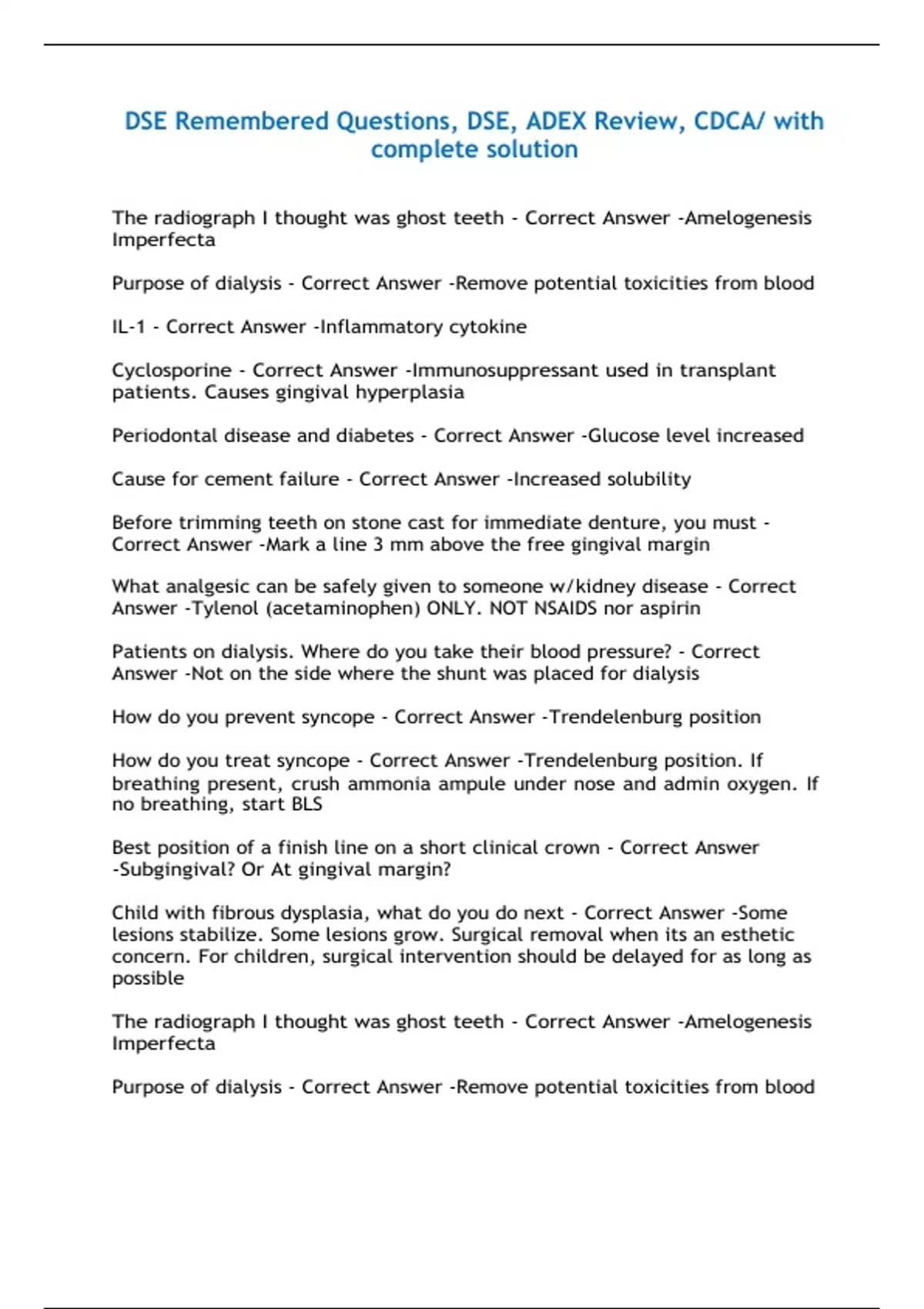 DSE Remembered Questions, DSE, ADEX Review, CDCA/ with complete ...