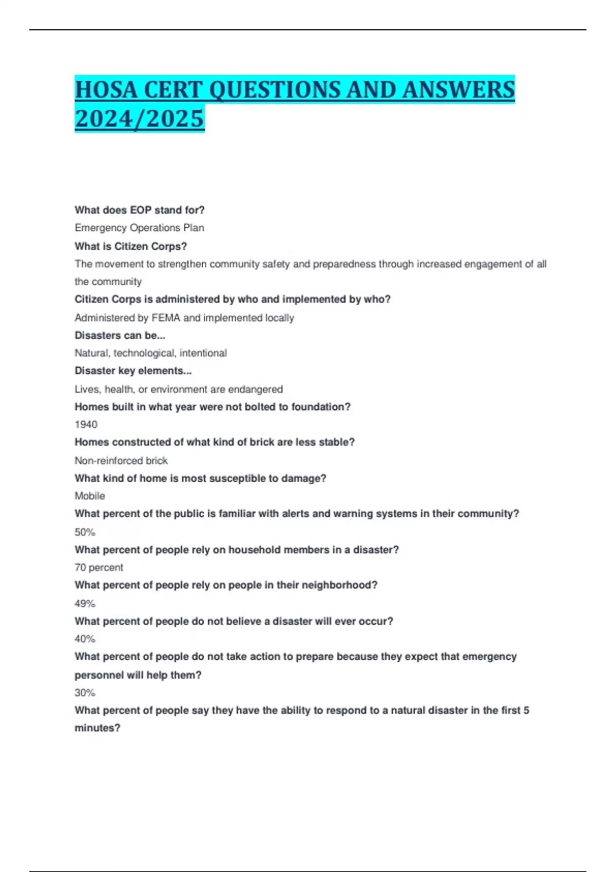 HOSA CERT QUESTIONS AND ANSWERS 2024/2025 - HOSA CERT - Stuvia US