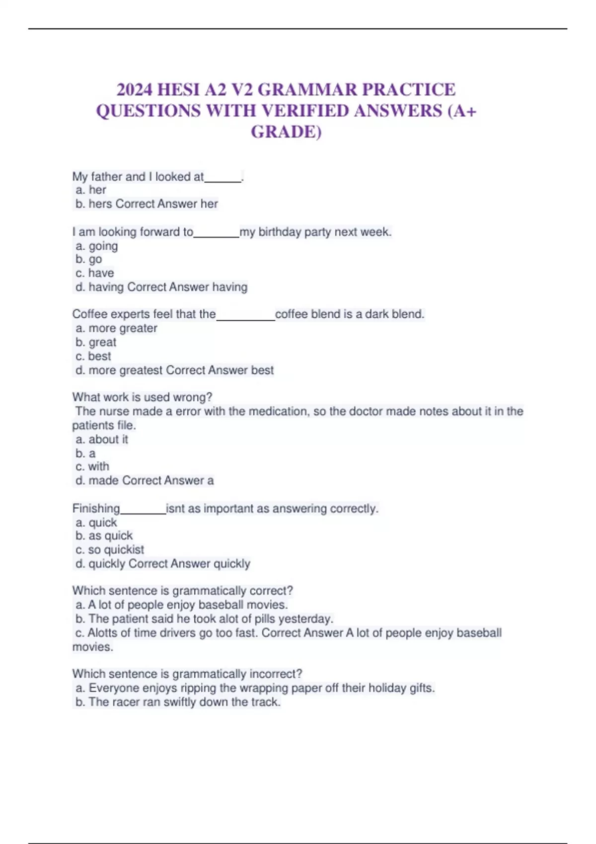 2024 HESI A2 V2 GRAMMAR PRACTICE QUESTIONS WITH VERIFIED ANSWERS (A+ ...