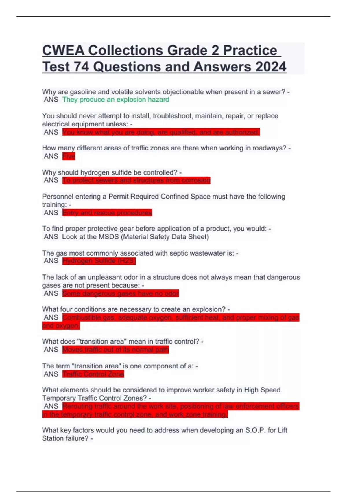 CWEA Collections Grade 2 Practice Test 74 Questions and Answers 2024 ...