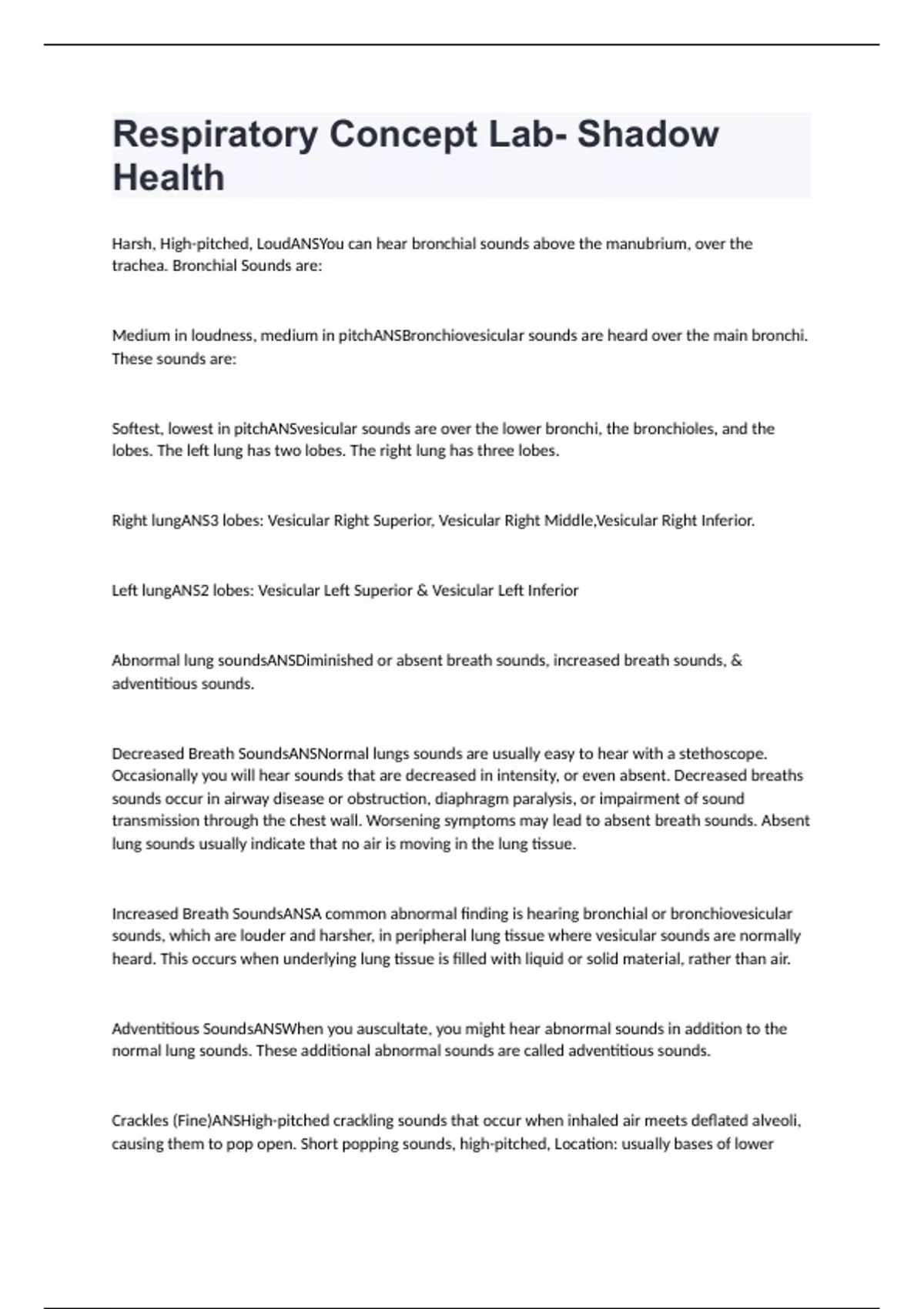 Respiratory Concept Lab- Shadow Health Exam Study Questions With ...