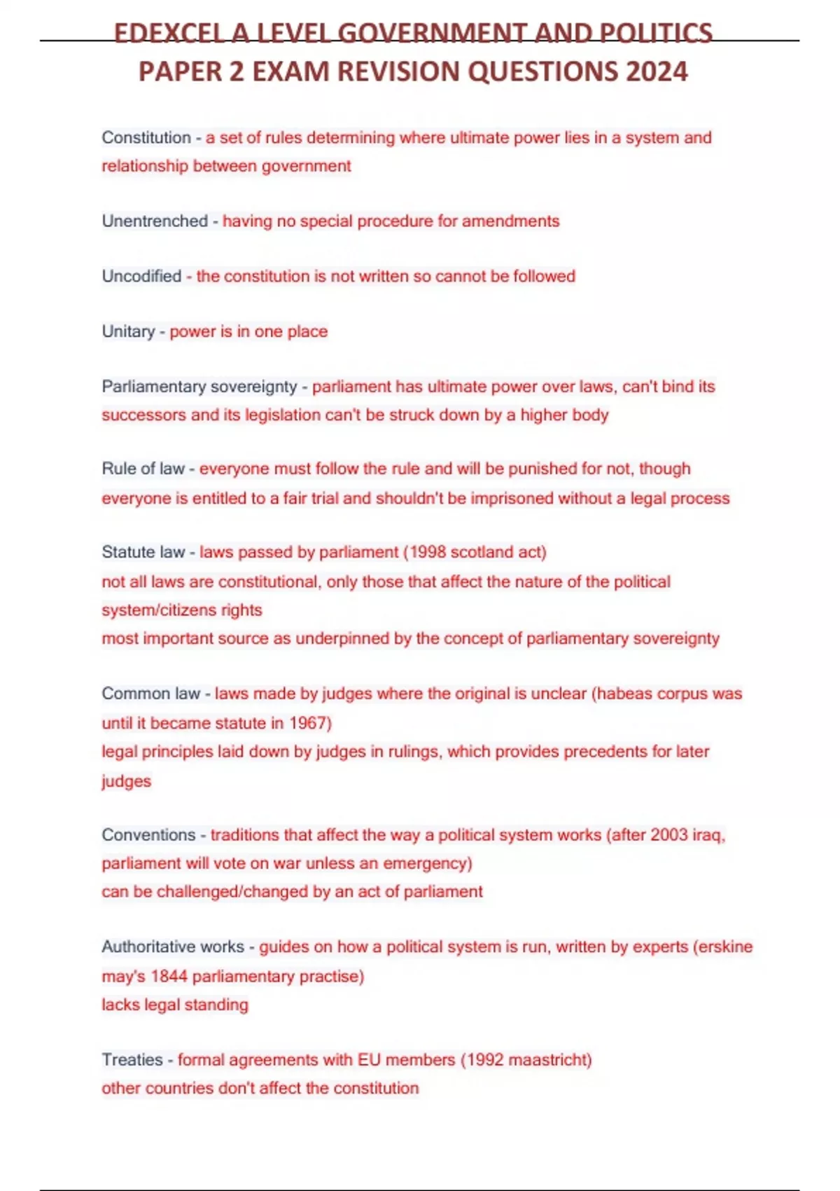 EDEXCEL A LEVEL GOVERNMENT AND POLITICS PAPER 2 EXAM REVISION QUESTIONS ...