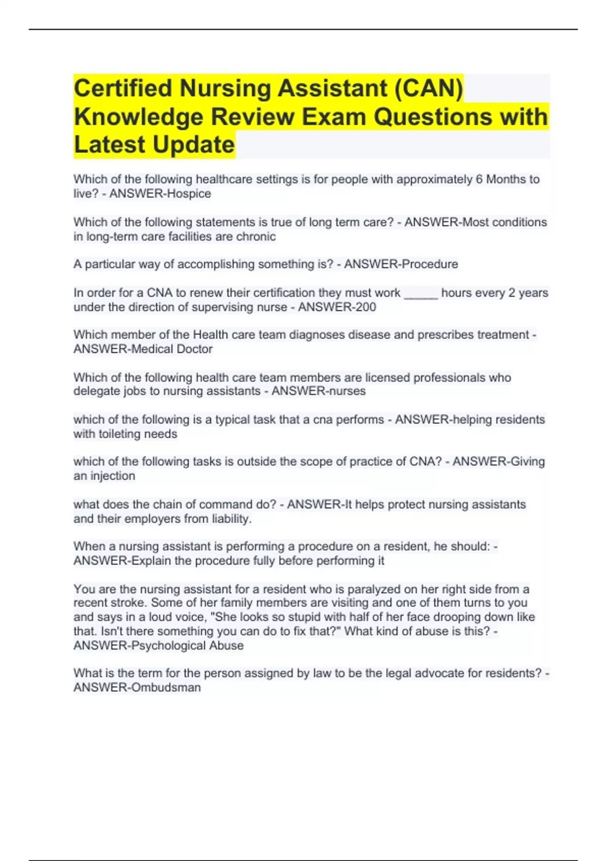 Certified Nursing Assistant (CNA) Knowledge Review Exam Questions with ...