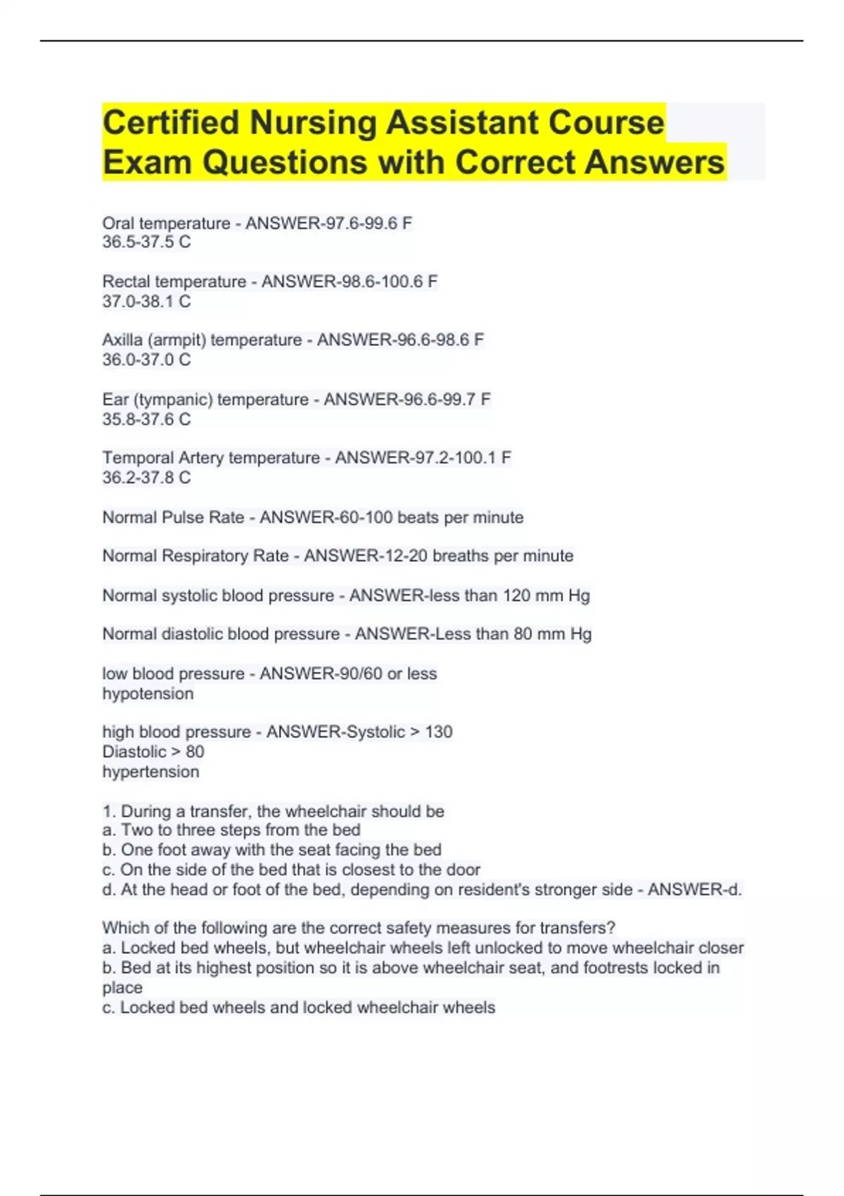 Certified Nursing Assistant Course Exam Questions with Correct Answers ...