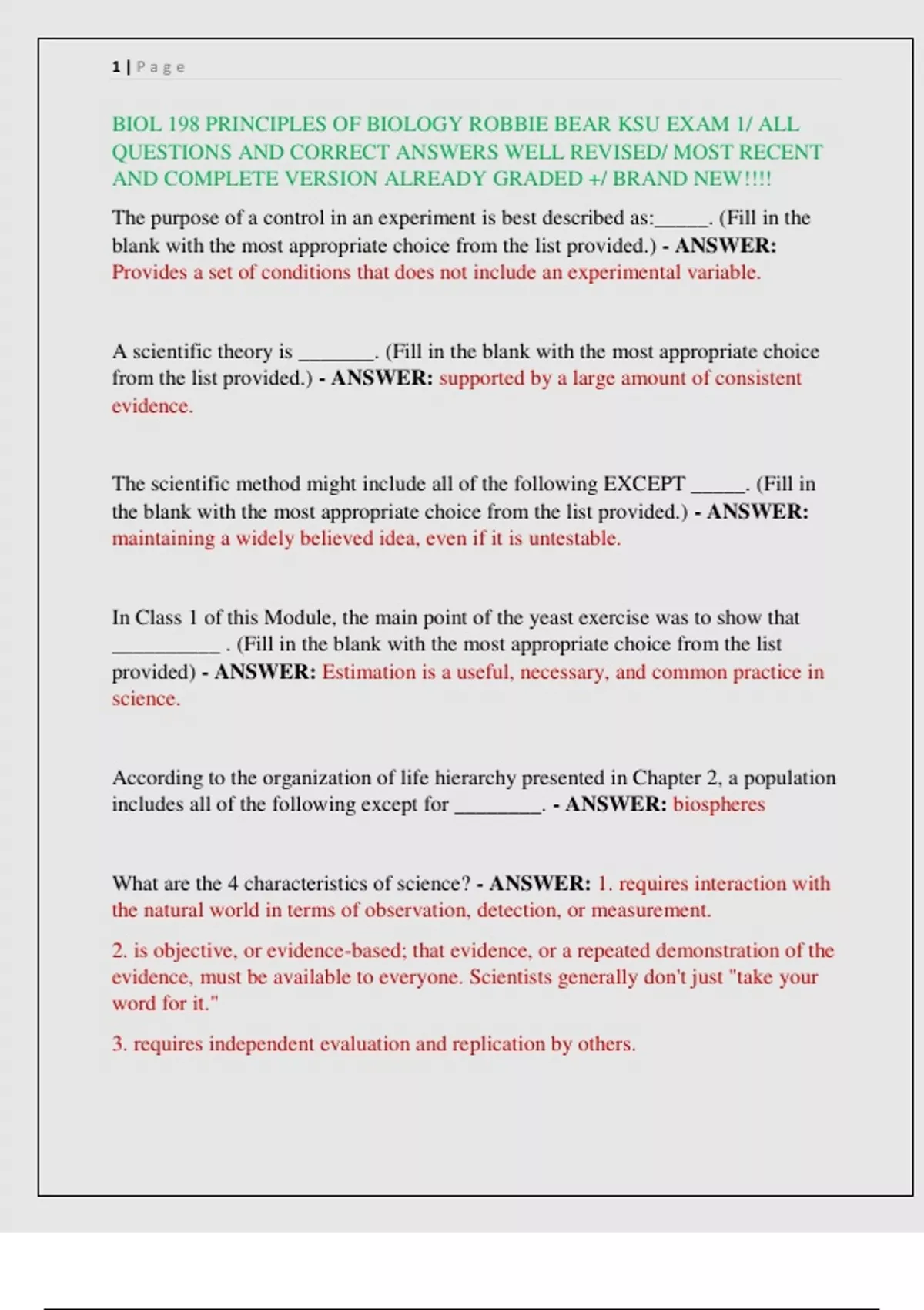 BIOL 198 PRINCIPLES OF BIOLOGY ROBBIE BEAR KSU EXAM 1/ ALL QUESTIONS ...