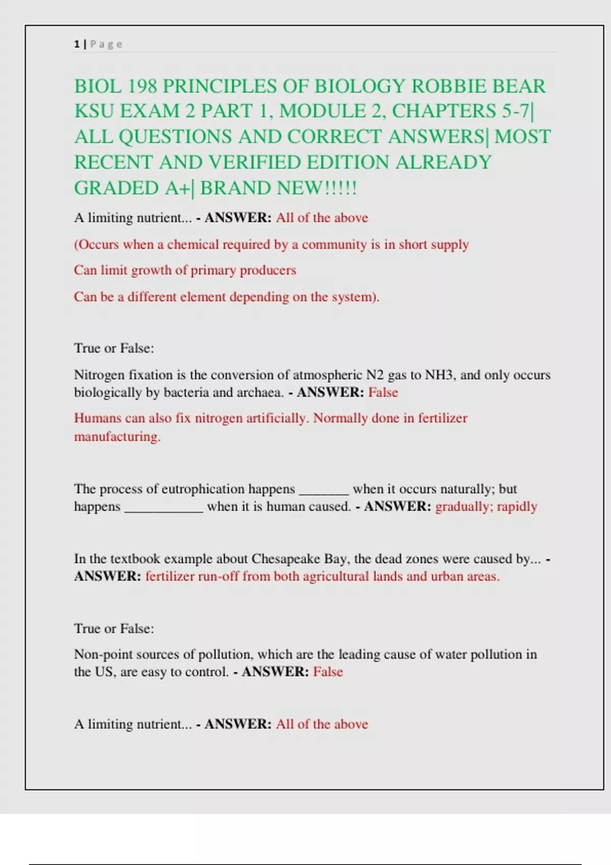BIOL 198 PRINCIPLES OF BIOLOGY ROBBIE BEAR KSU EXAM 2 PART 1, MODULE 2 ...