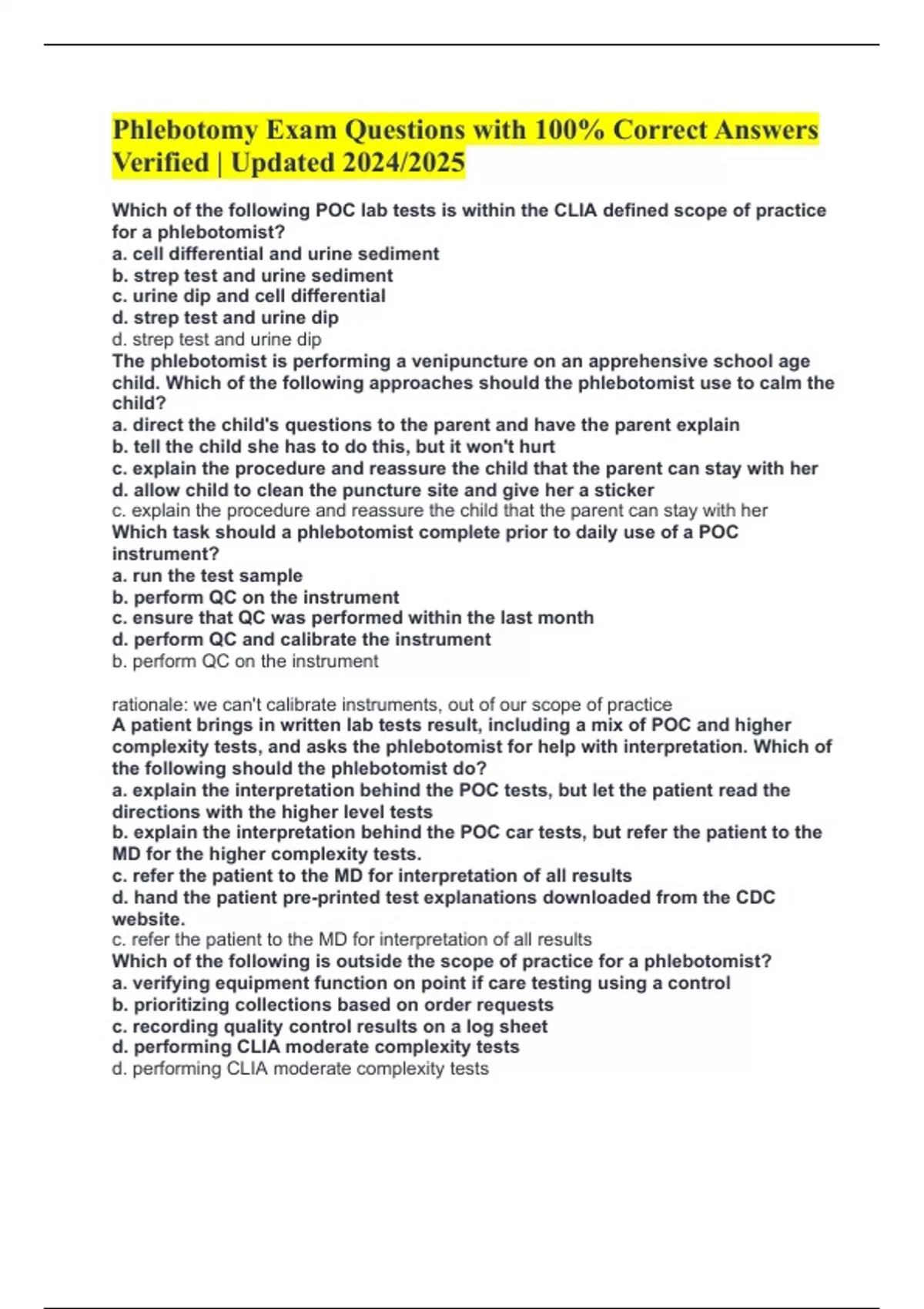 Phlebotomy Exam Questions with 100% Correct Answers Verified | Updated ...