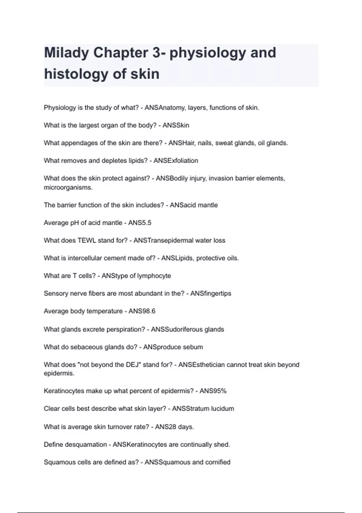 Milady Chapter 3- physiology and histology of skin - Ch 3- Physiology ...