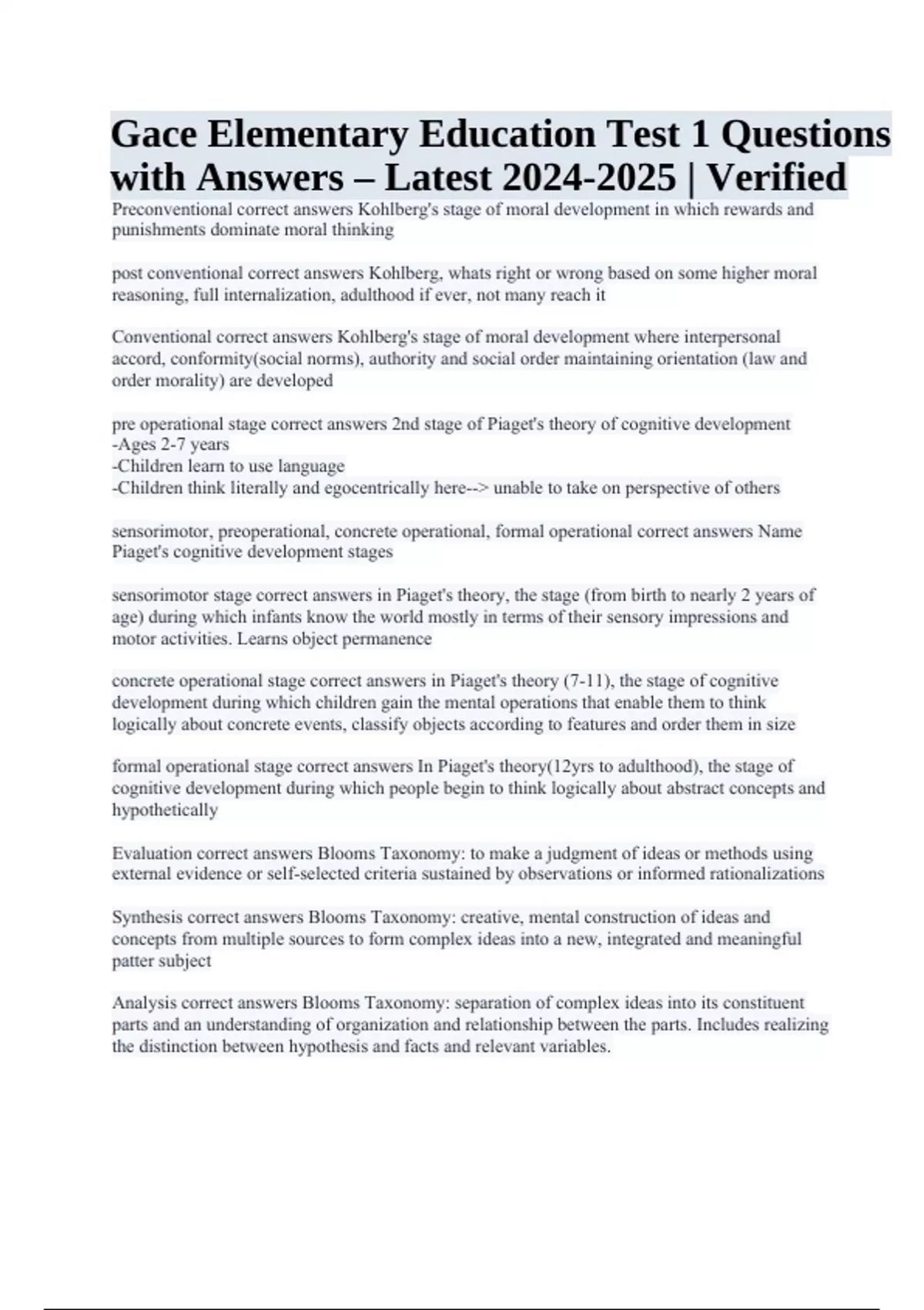 Gace Elementary Education Test 1 Questions with Answers – Latest ...