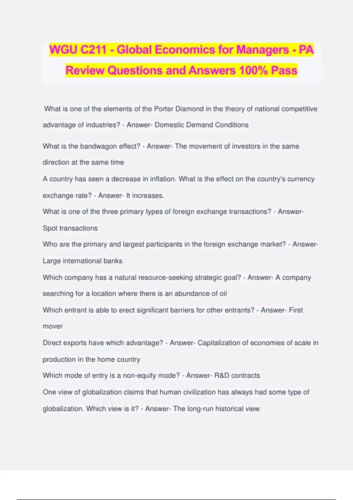 WGU C211 - Global Economics for Managers - PA Review Questions and ...