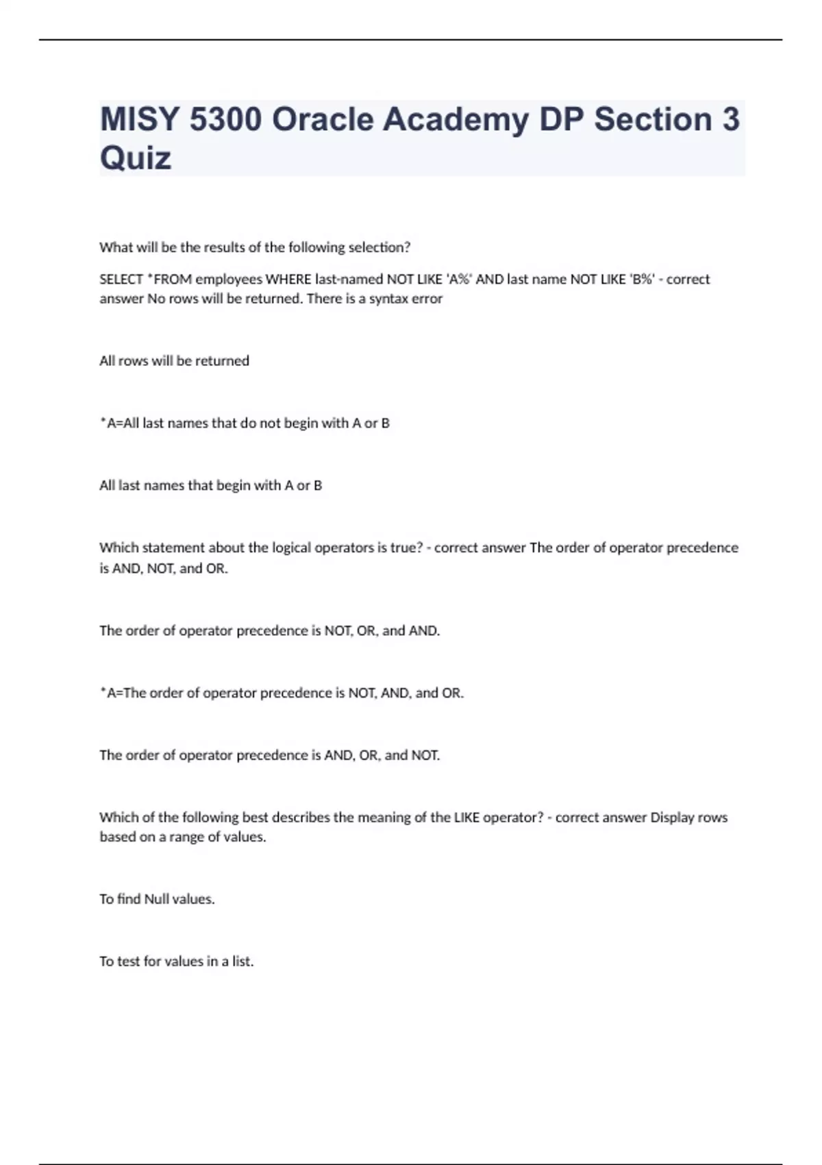 MISY 5300 Oracle Academy DP Section 3 Quiz questins and answers verified 2024 - MISY - Stuvia US