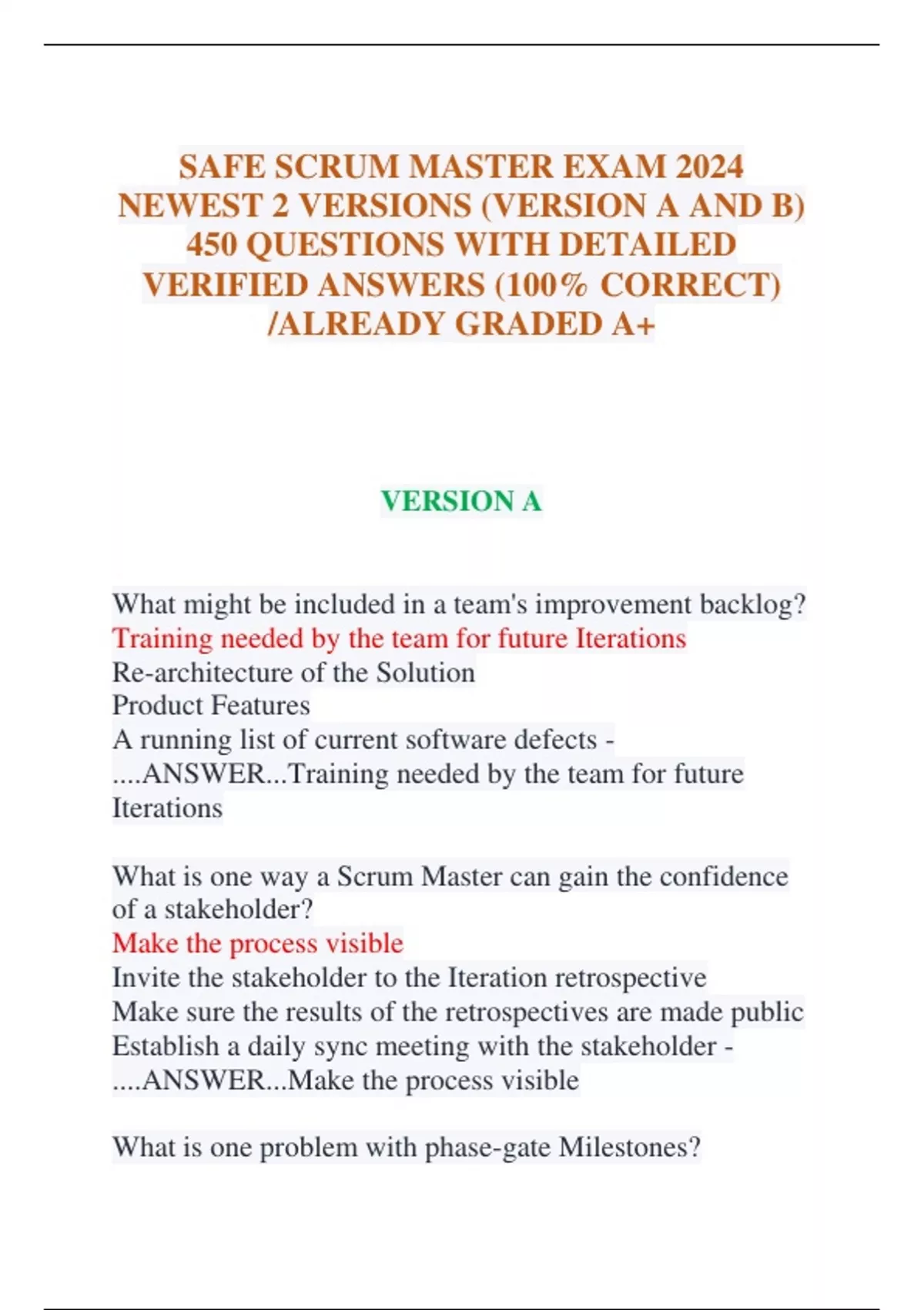 SAFE SCRUM MASTER EXAM 2024 NEWEST 2 VERSIONS (VERSION A AND B) 450 ...