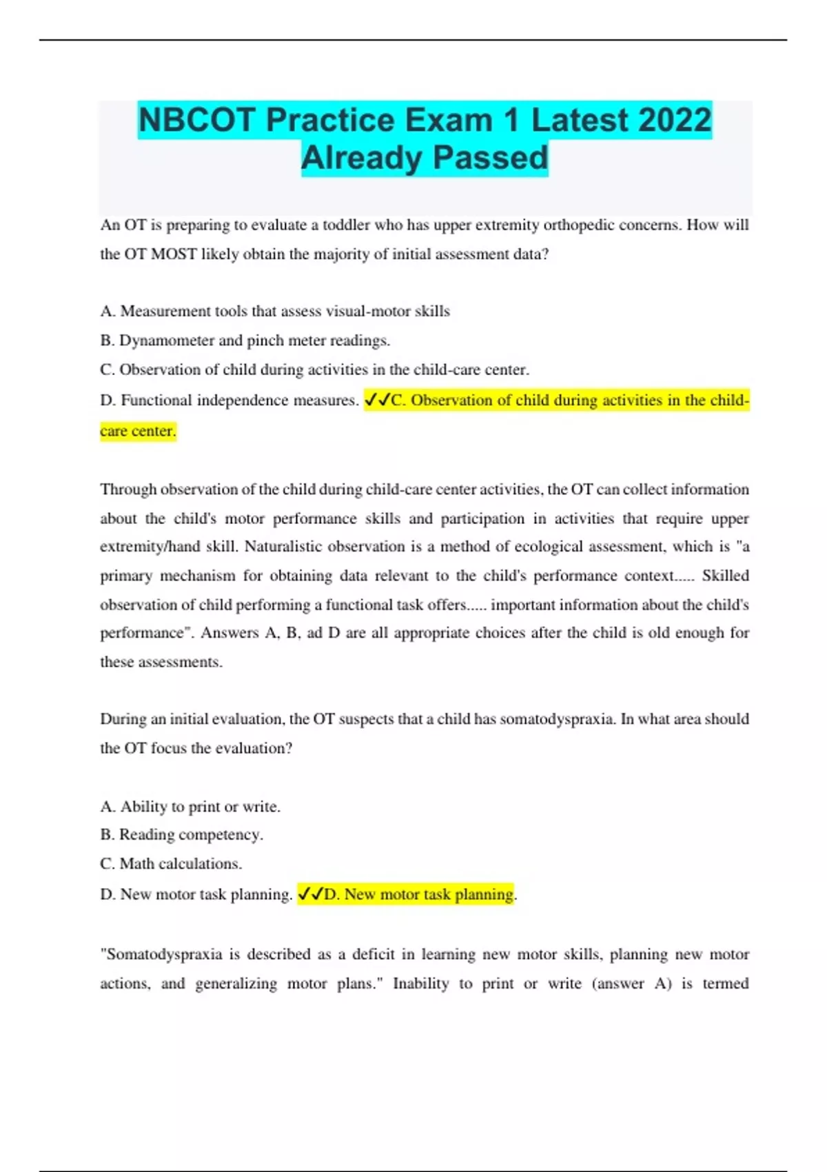 NBCOT Practice Exam 1 Latest 2022 Already Passed - NBCOT Practice E ...