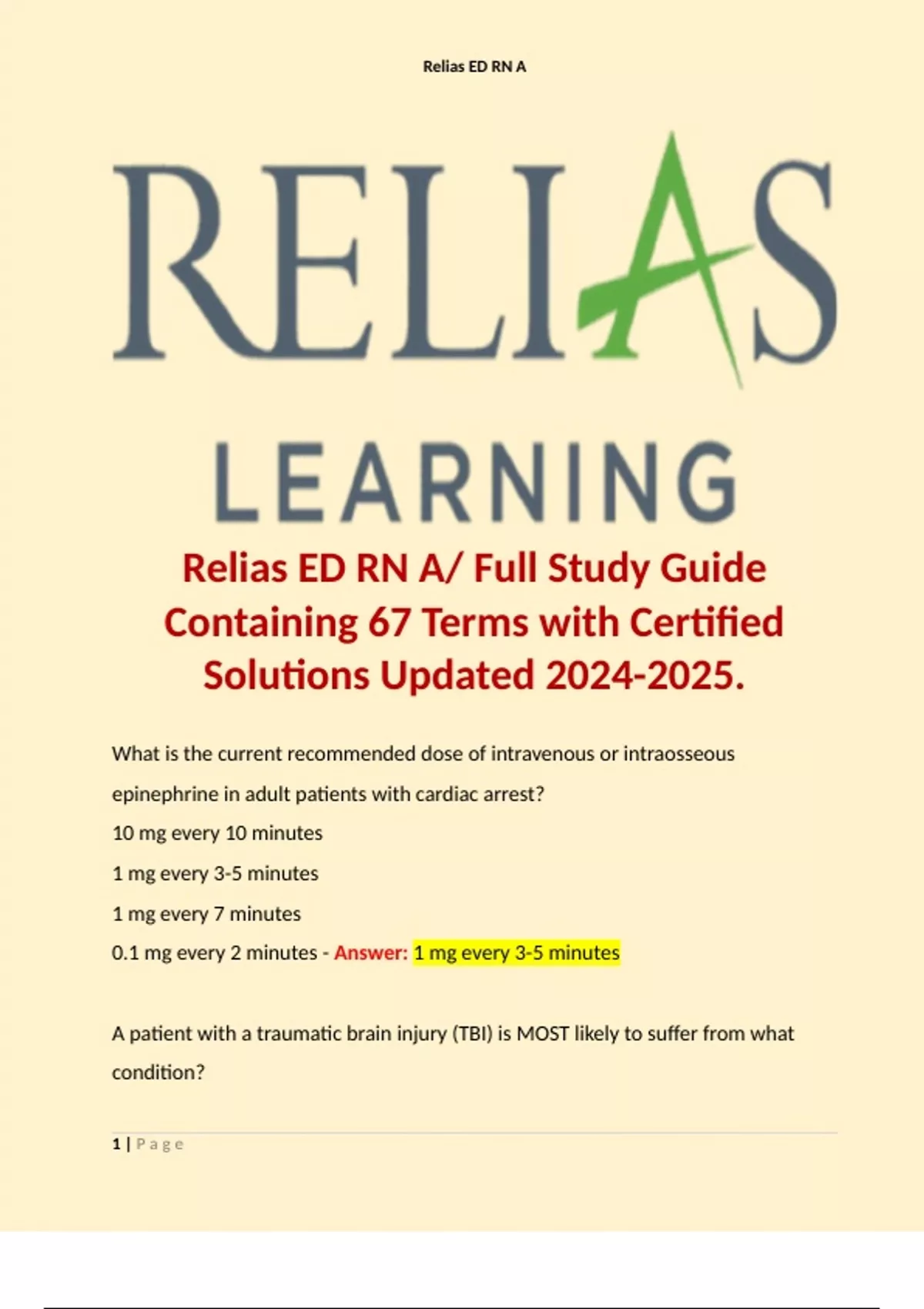 Relias ED RN A/ Full Study Guide Containing 67 Terms with Certified Solutions Updated . - Relias ...