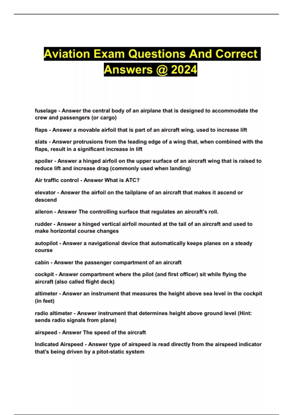 Aviation Exam Questions And Correct Answers @ 2024 - Aviation - Stuvia US