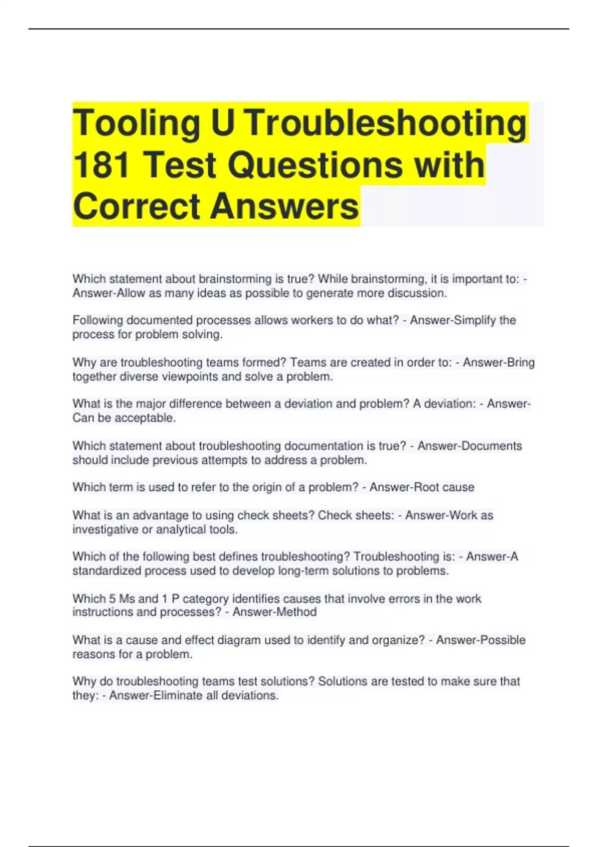Tooling U Troubleshooting 181 Test Questions with Correct Answers (1 ...