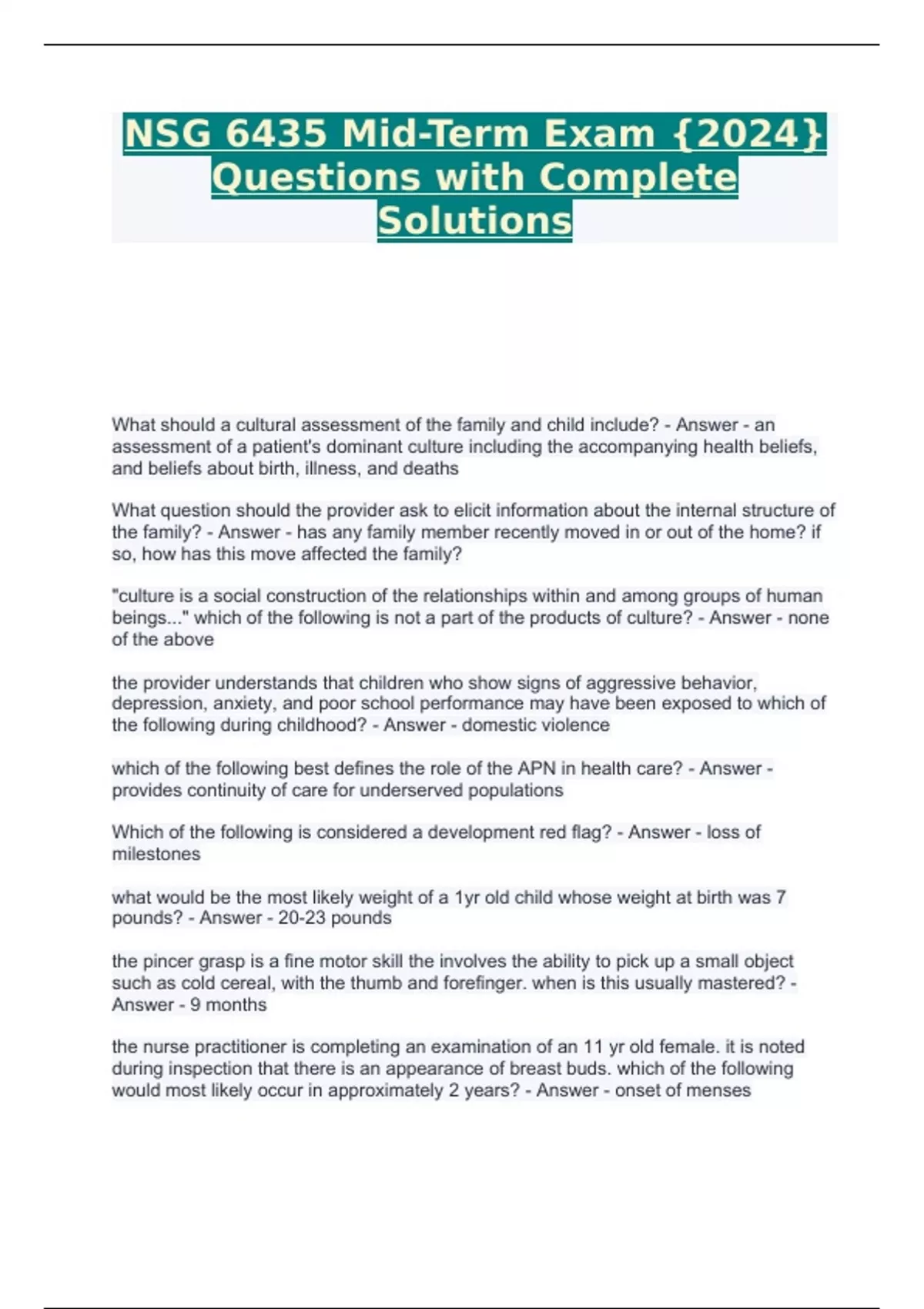 NSG 6435 Mid-Term Exam 2024 Questions with Complete Solutions - NSG 6435 - Stuvia US