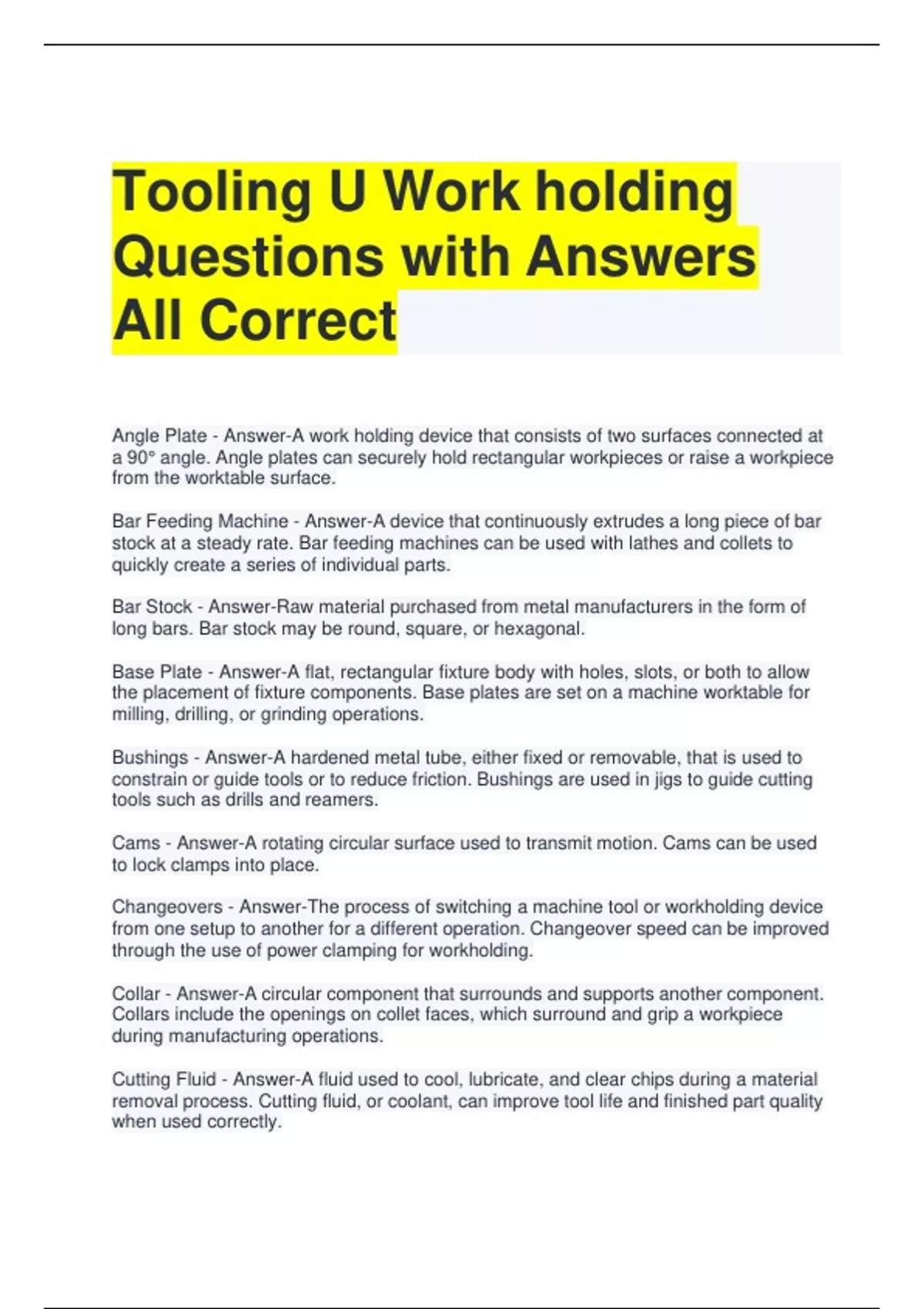 Tooling U Work holding Questions with Answers All Correct (1) - Tooling U Work holding - Stuvia US
