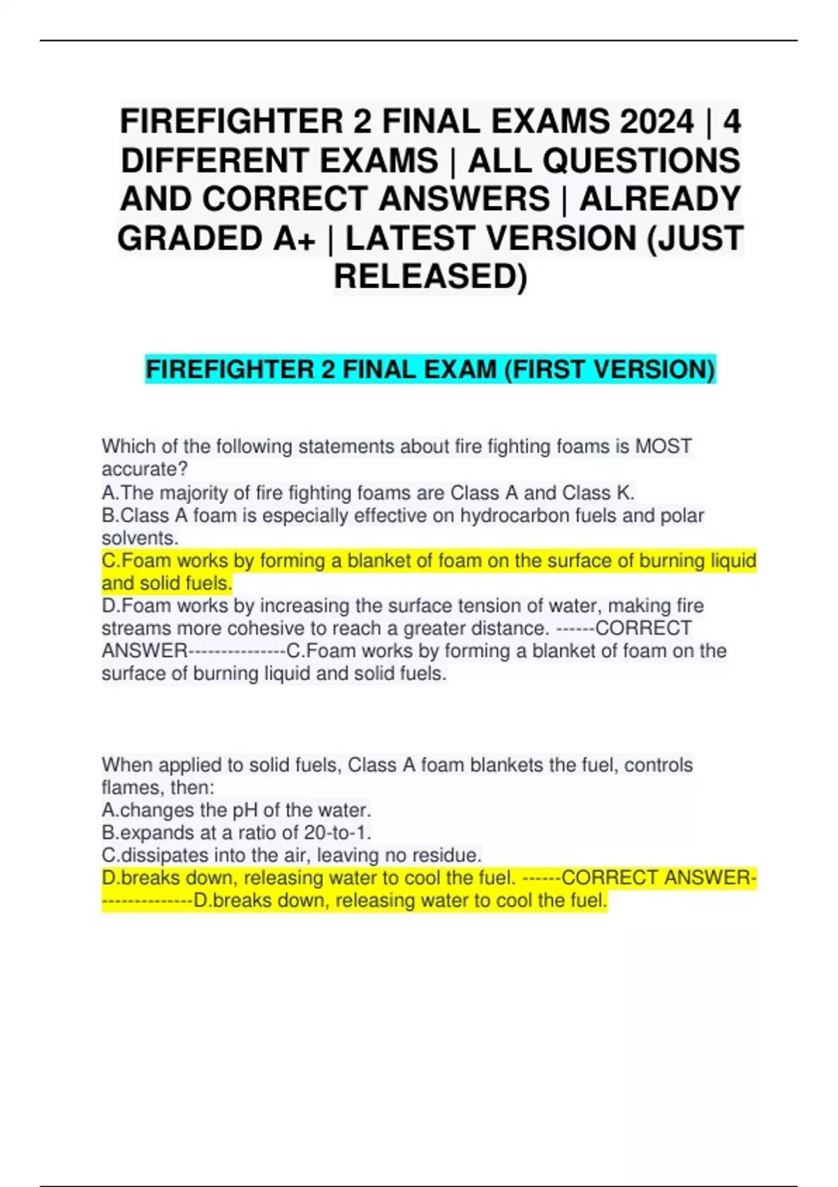 FIREFIGHTER 2 FINAL EXAMS 2024 | 4 DIFFERENT EXAMS | ALL QUESTIONS AND CORRECT ANSWERS | ALREADY ...