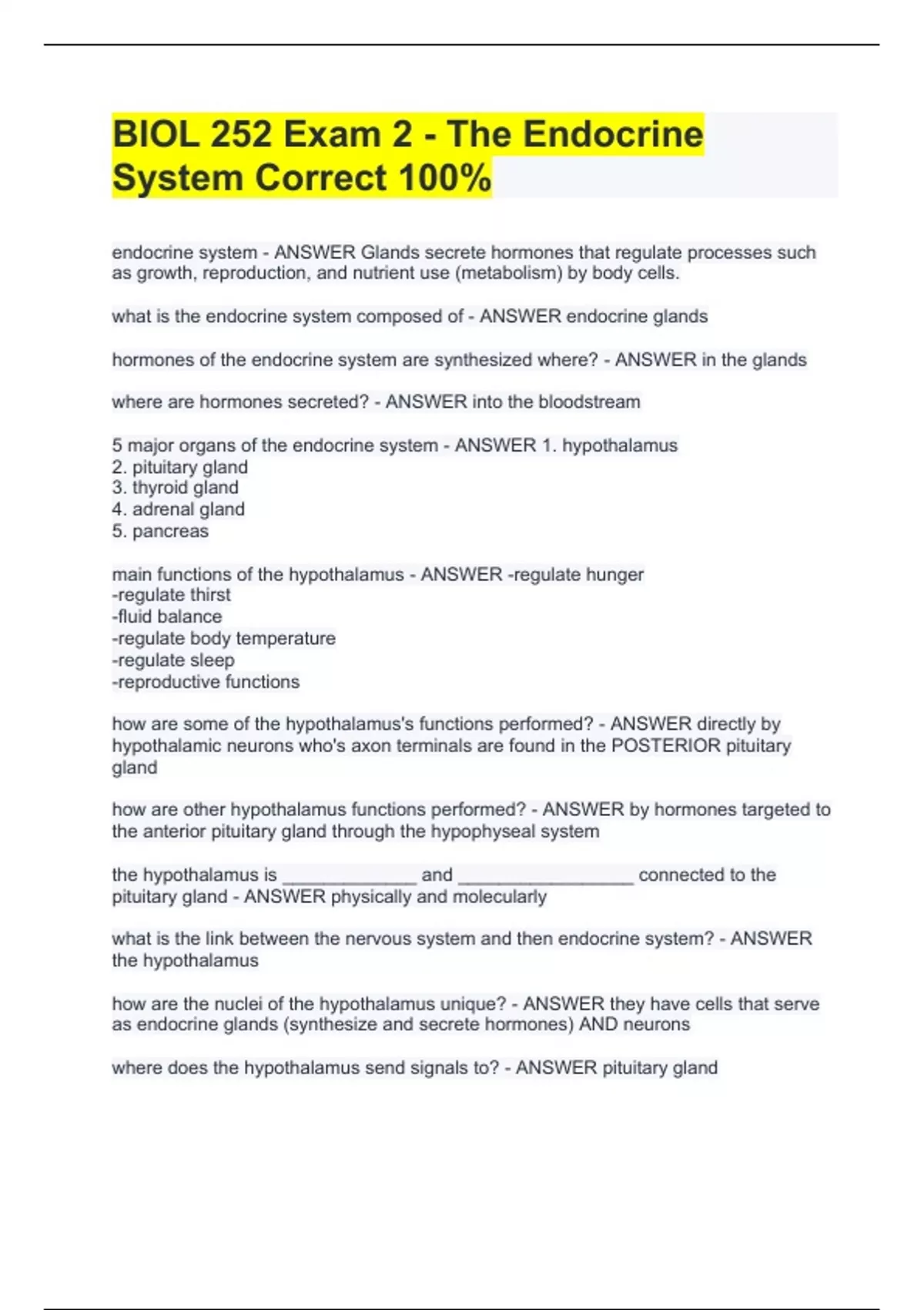 BIOL 252 Exam 2 - The Endocrine System Correct 100% - BIOL 252 - Stuvia US