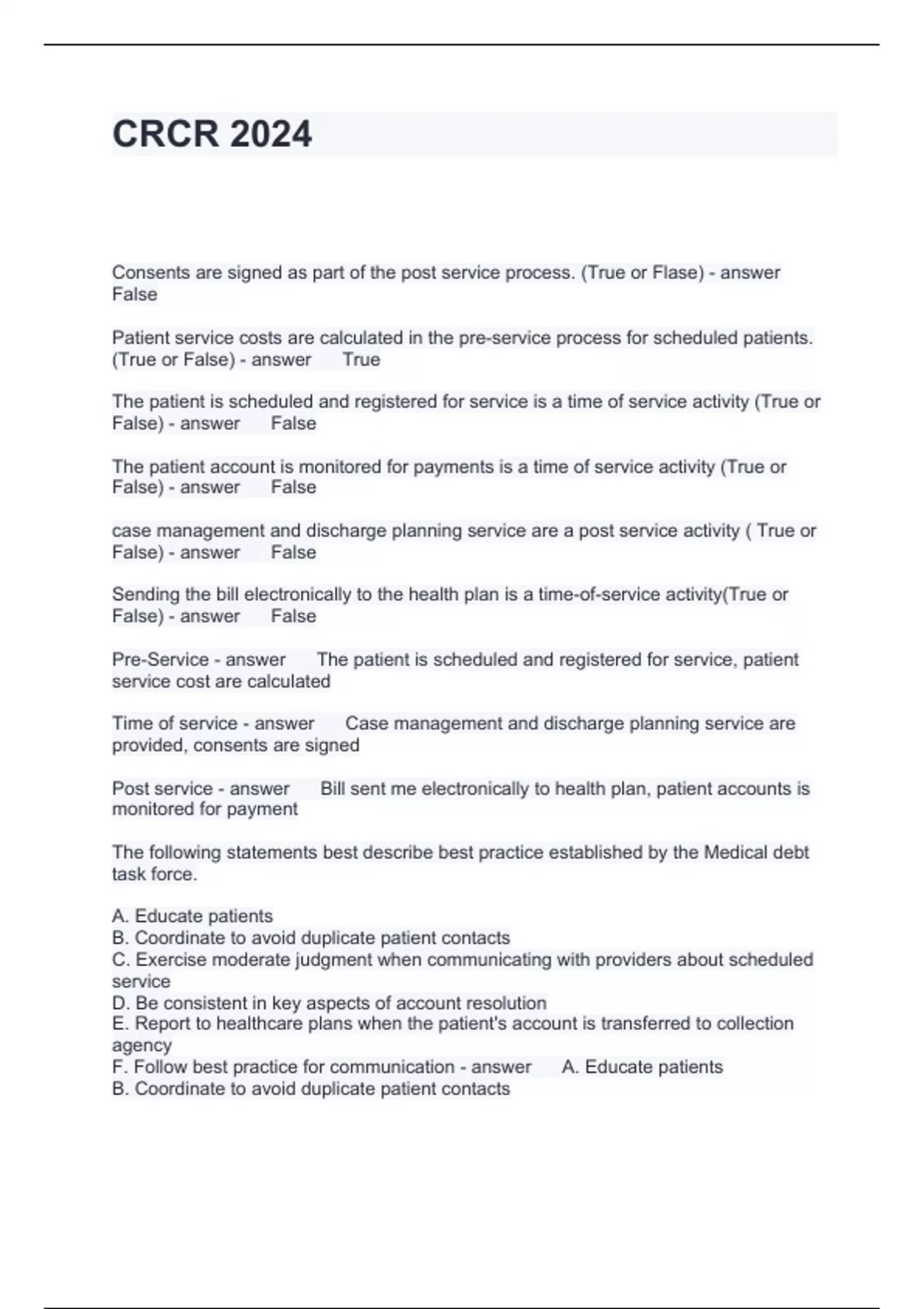 CRCR 2024 QUESTIONS AND ANSWERS 100% CORRECT - CRCR - Stuvia US