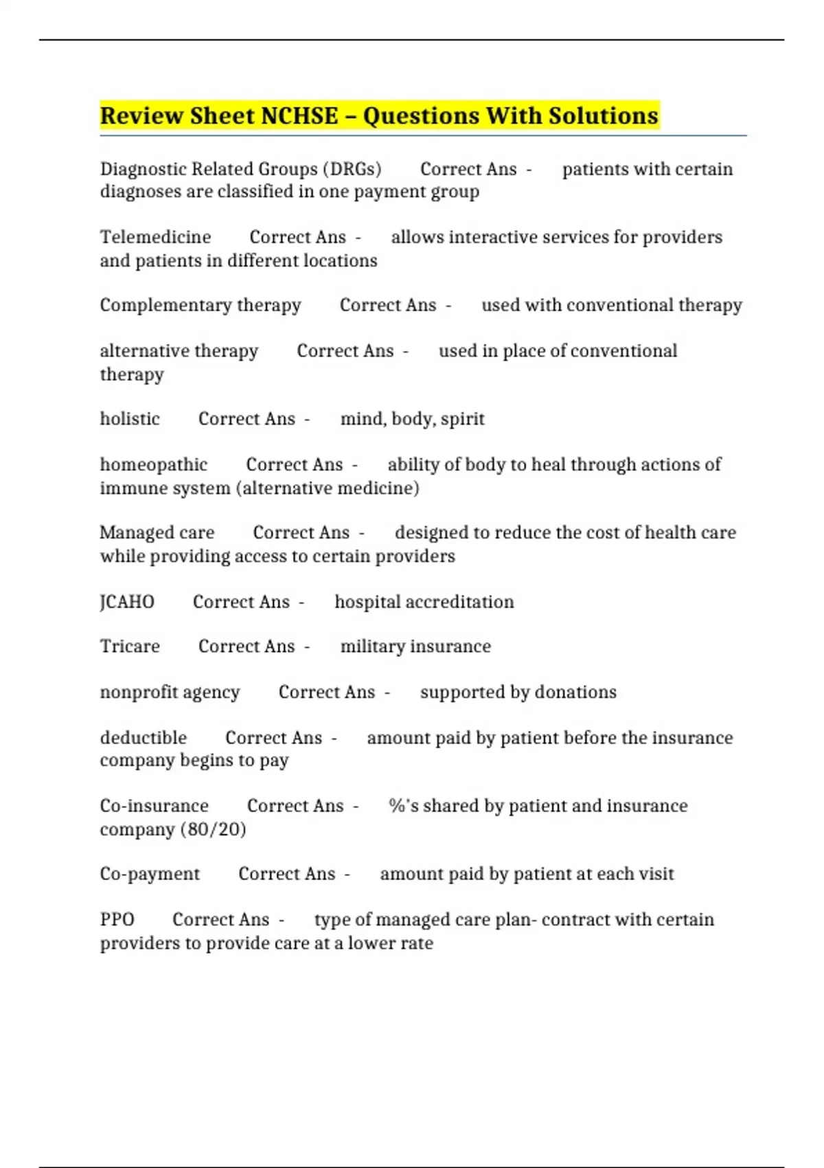 Review Sheet NCHSE – Questions With Solutions - NCHSE - Stuvia US