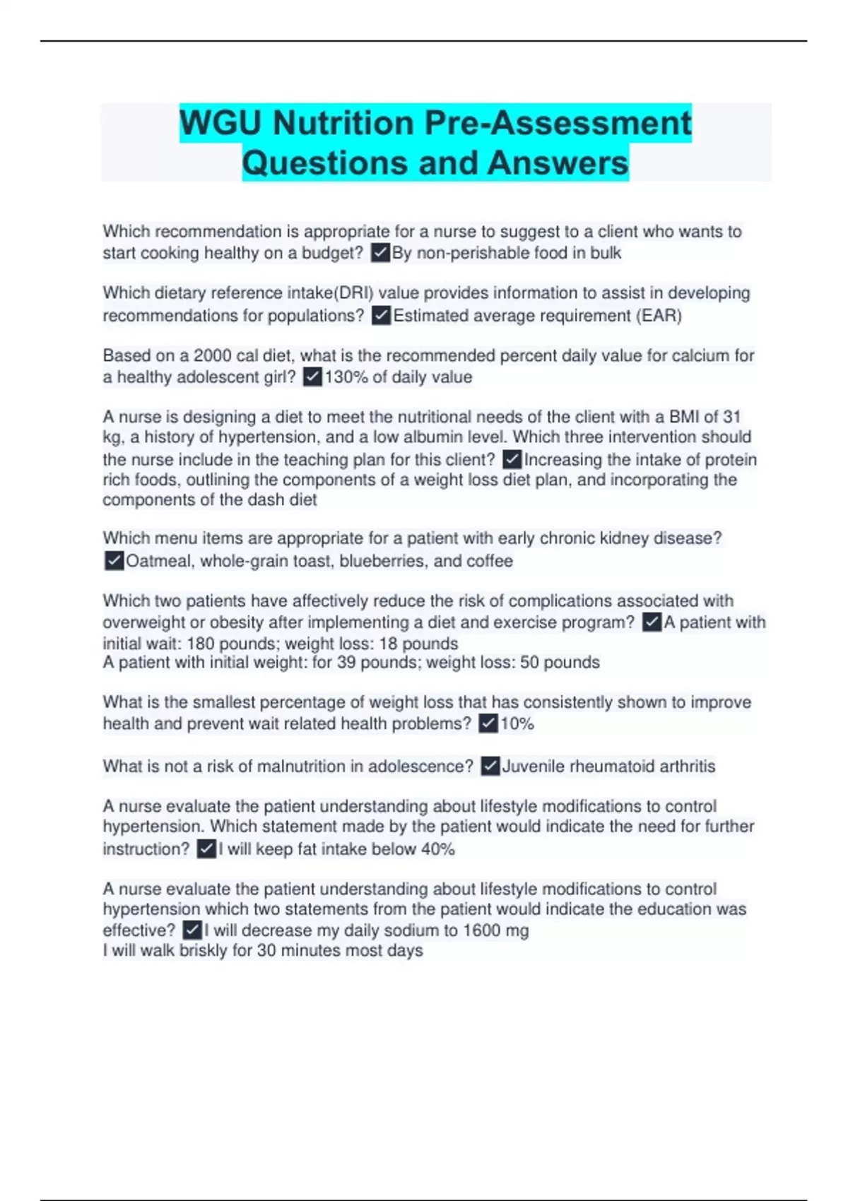 WGU Nutrition Pre-Assessment Questions and Answers - WGU Nutrition D440 ...