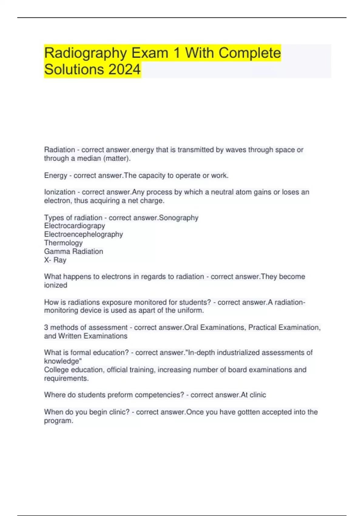 Radiography Exam 1 With Complete Solutions 2024 - Radiography - Stuvia US