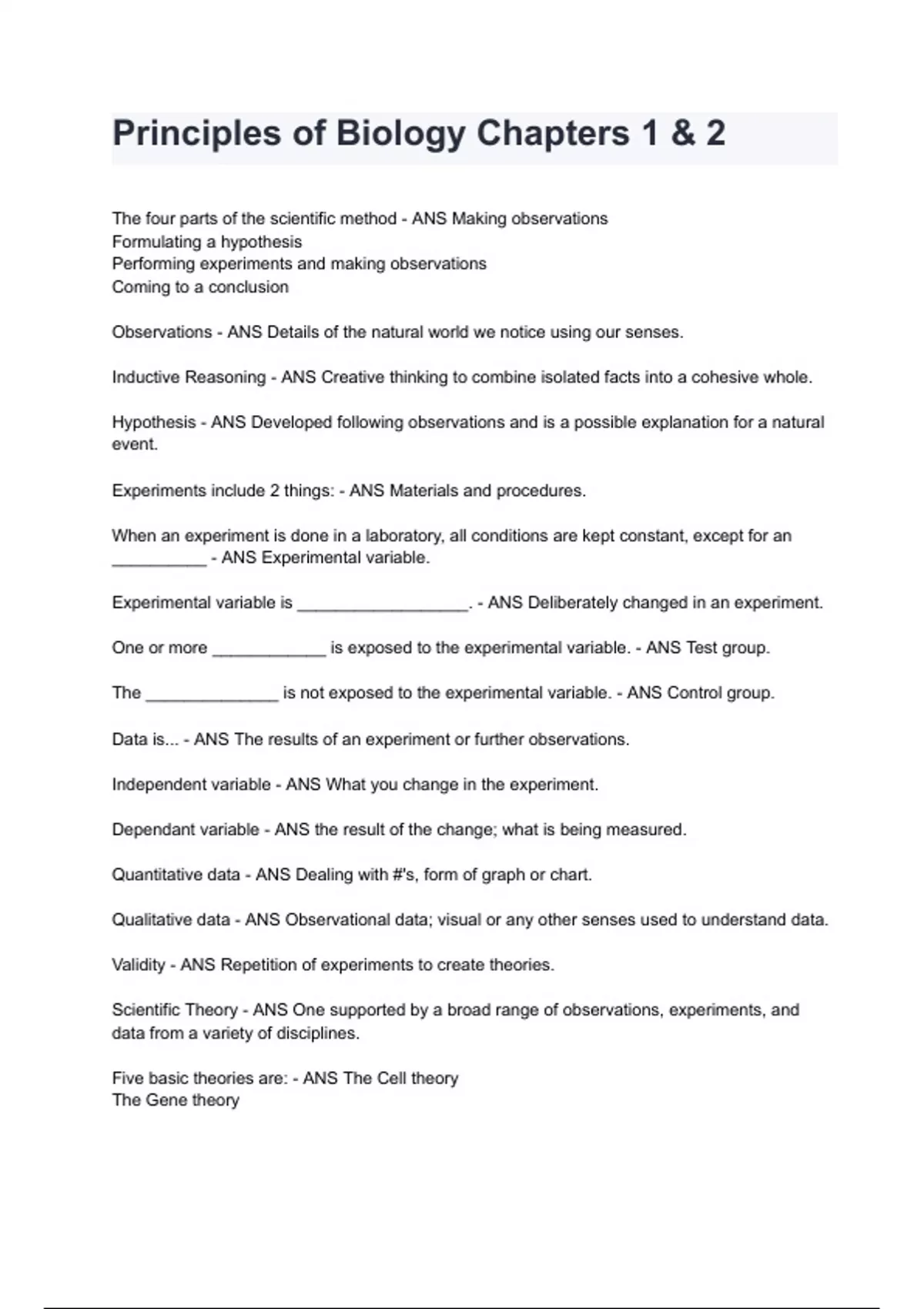 Principles of Biology Chapters 1 & 2 Exam 2024/2025 Questions With ...