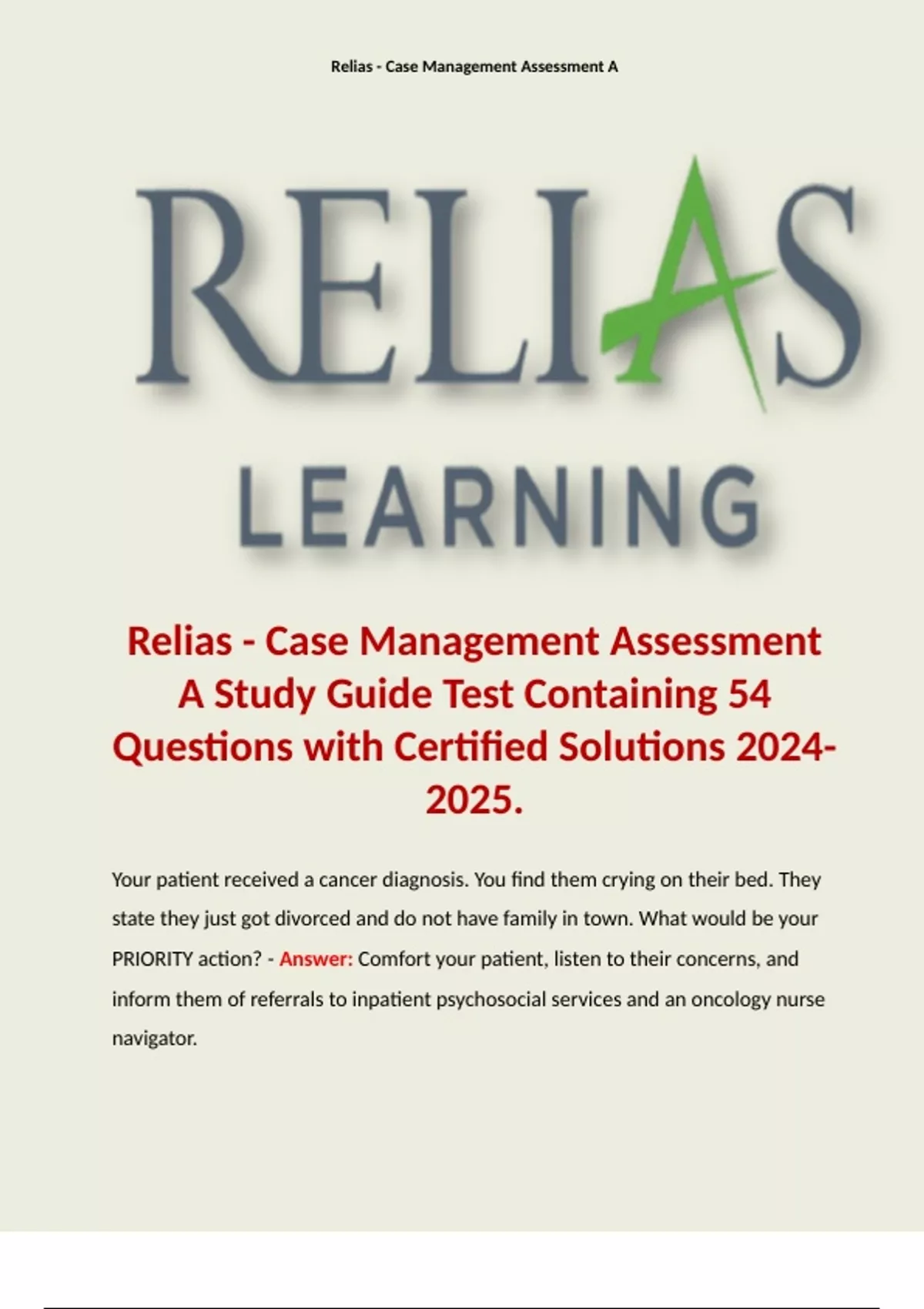 Relias - Case Management Assessment A Study Guide Test Containing 54 ...