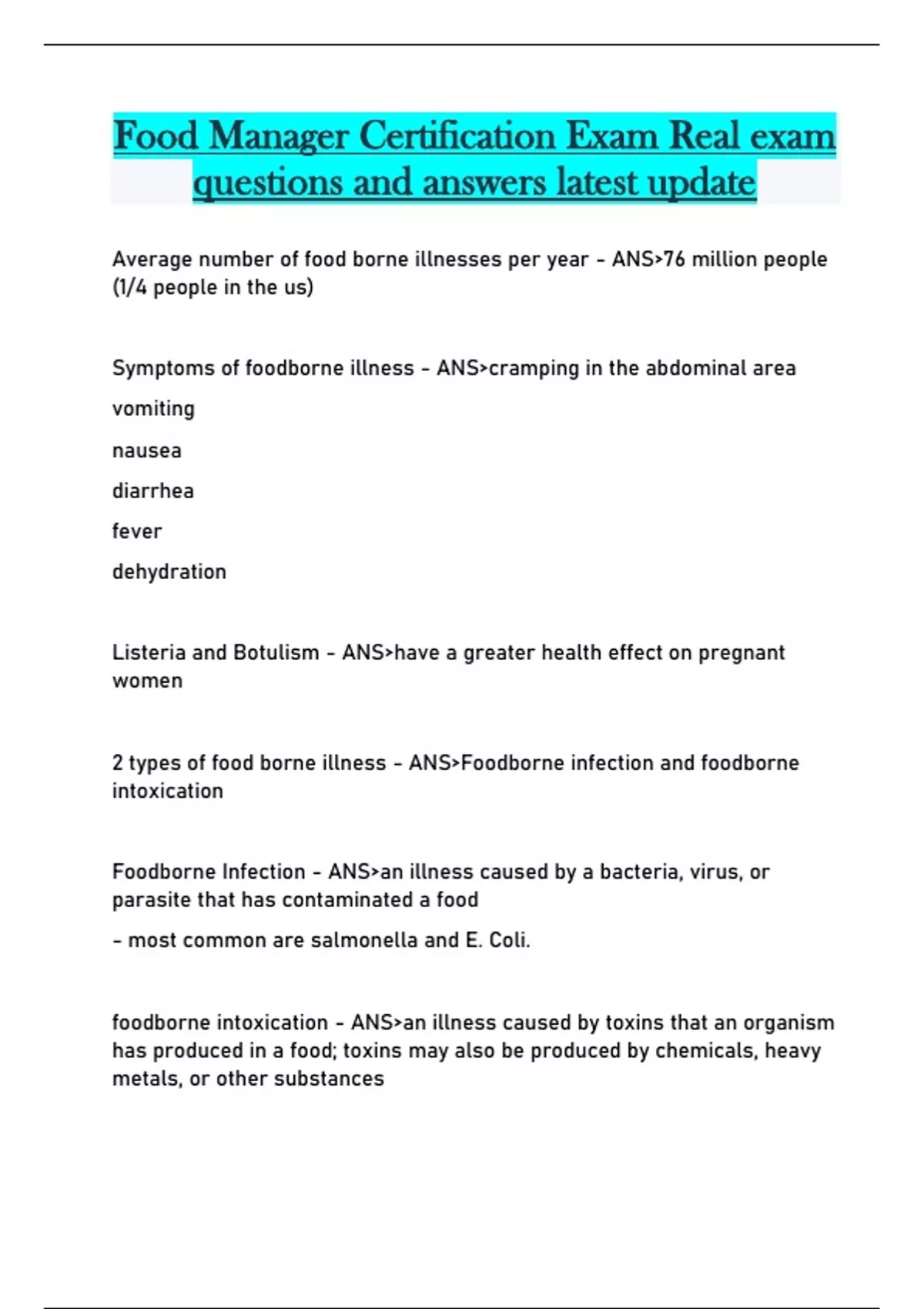 Food Manager Certification Exam Real exam questions and answers latest ...