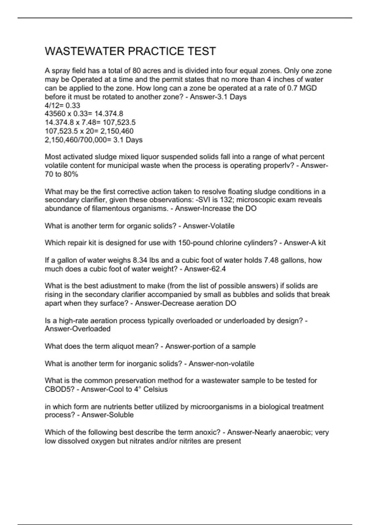 WASTEWATER PRACTICE TEST - Wastewater - Stuvia US
