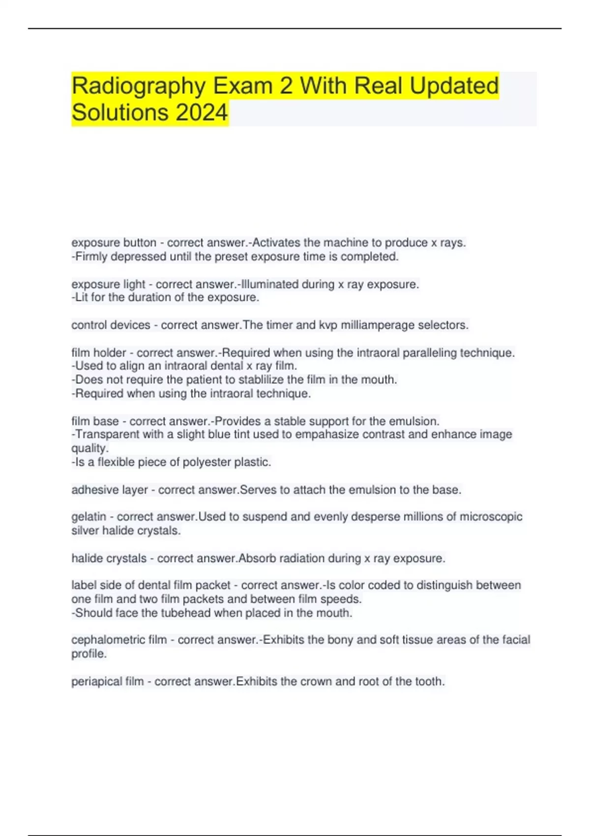Radiography Exam 2 With Real Updated Solutions 2024 - Radiography ...